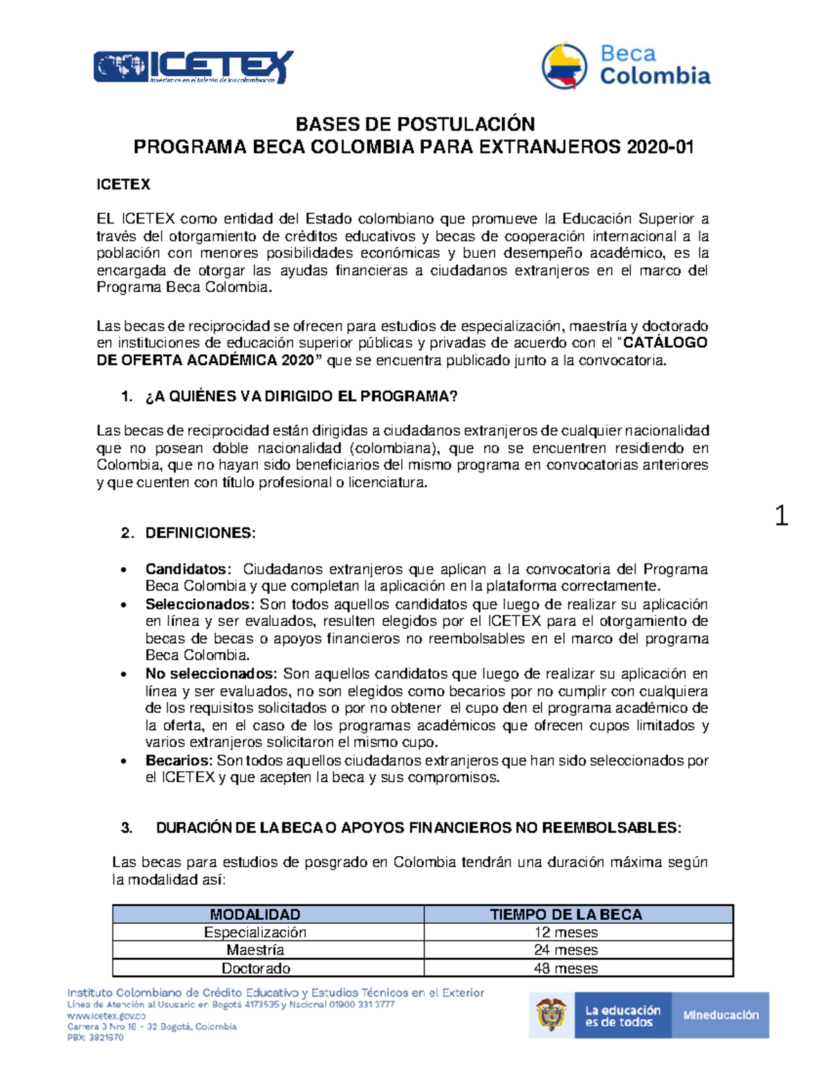 Bases de postulacion programa beca colombia extranjeros 2020 01 ...