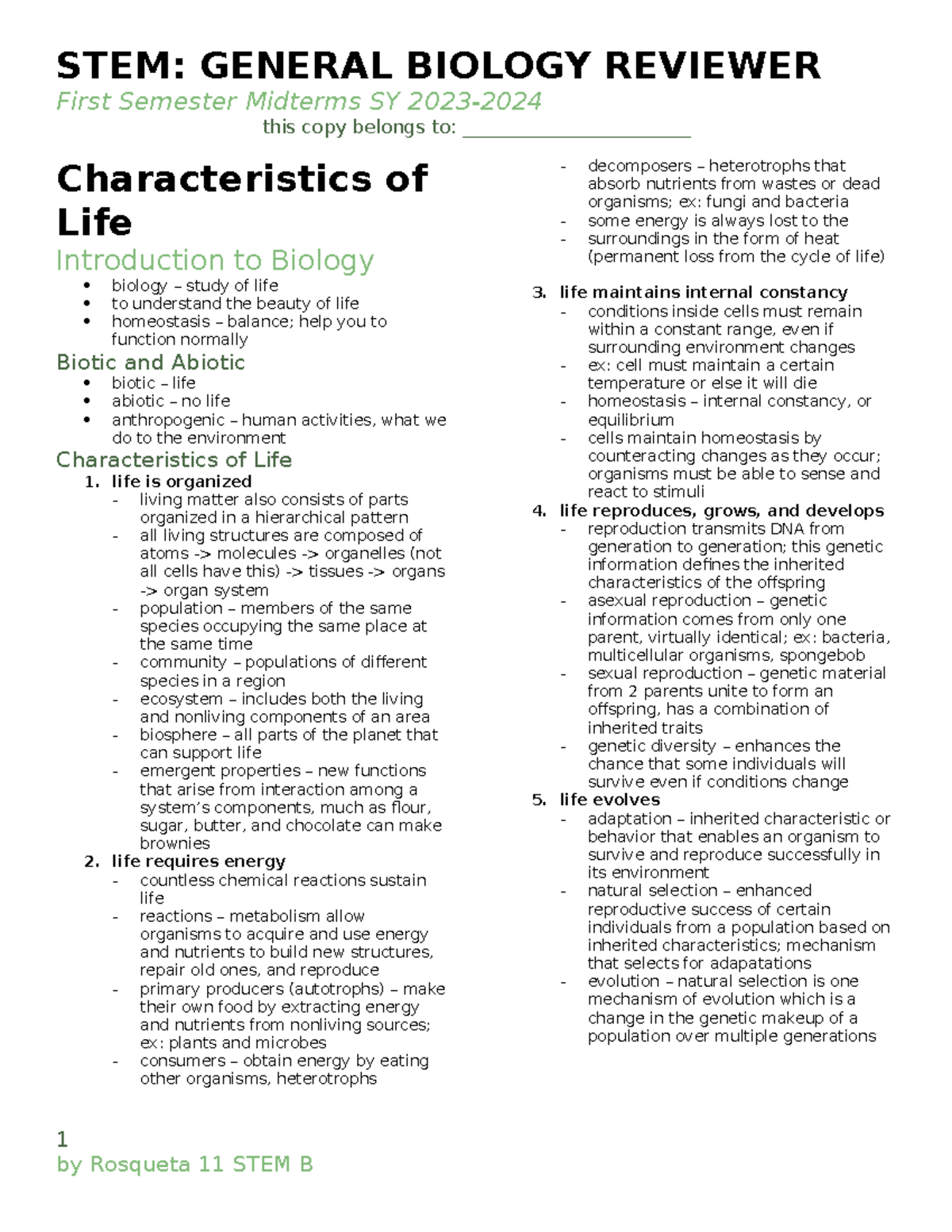 Booooooo gen bio - genbio notes - STEM: GENERAL BIOLOGY REVIEWER First ...