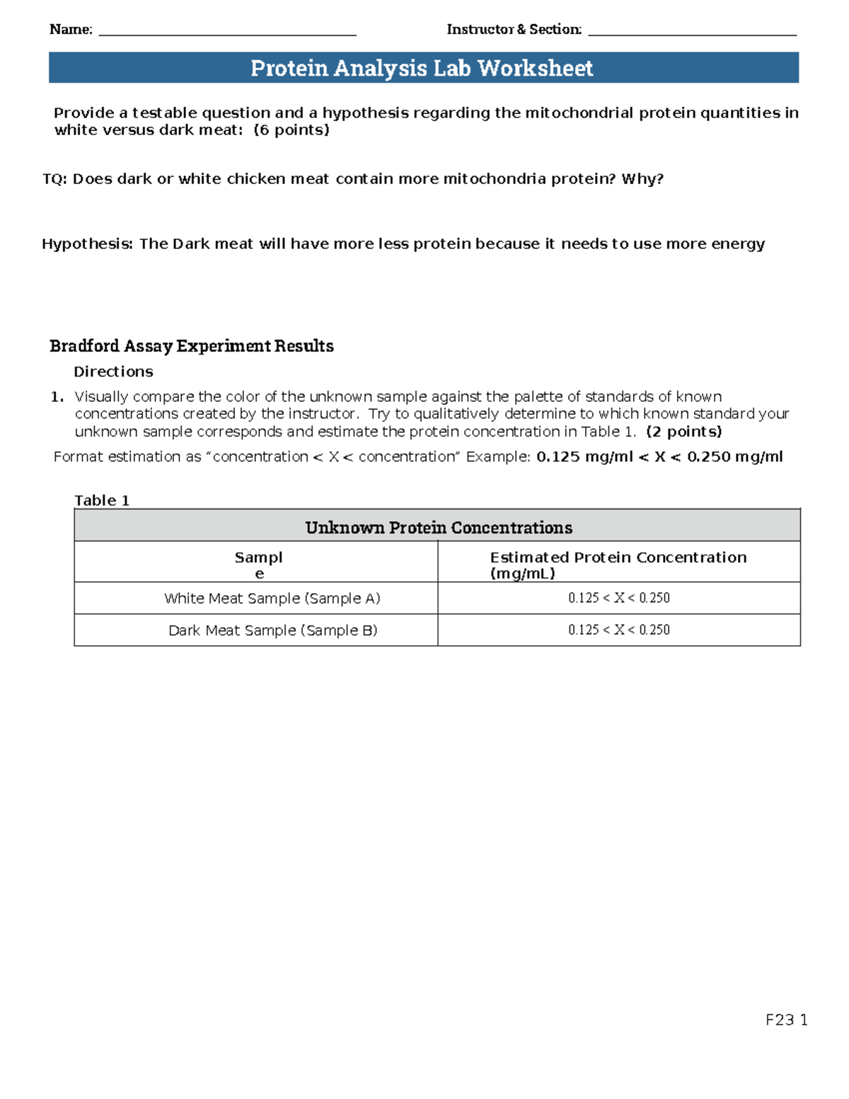 F23 Protein Analysis Worksheet - Protein Analysis Lab Worksheet Provide ...