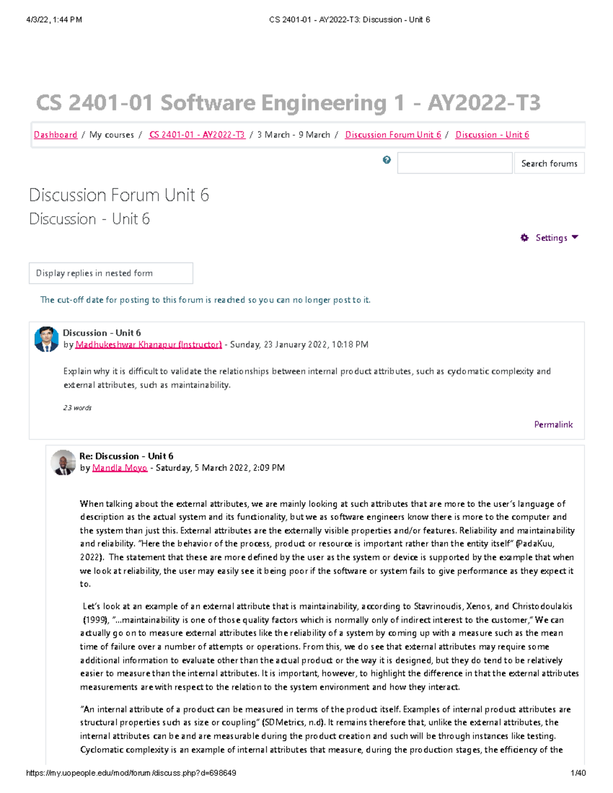 CS 2401-01 - AY2022-T3 Discussion - Unit 6 - CS 2401-01 Software ...