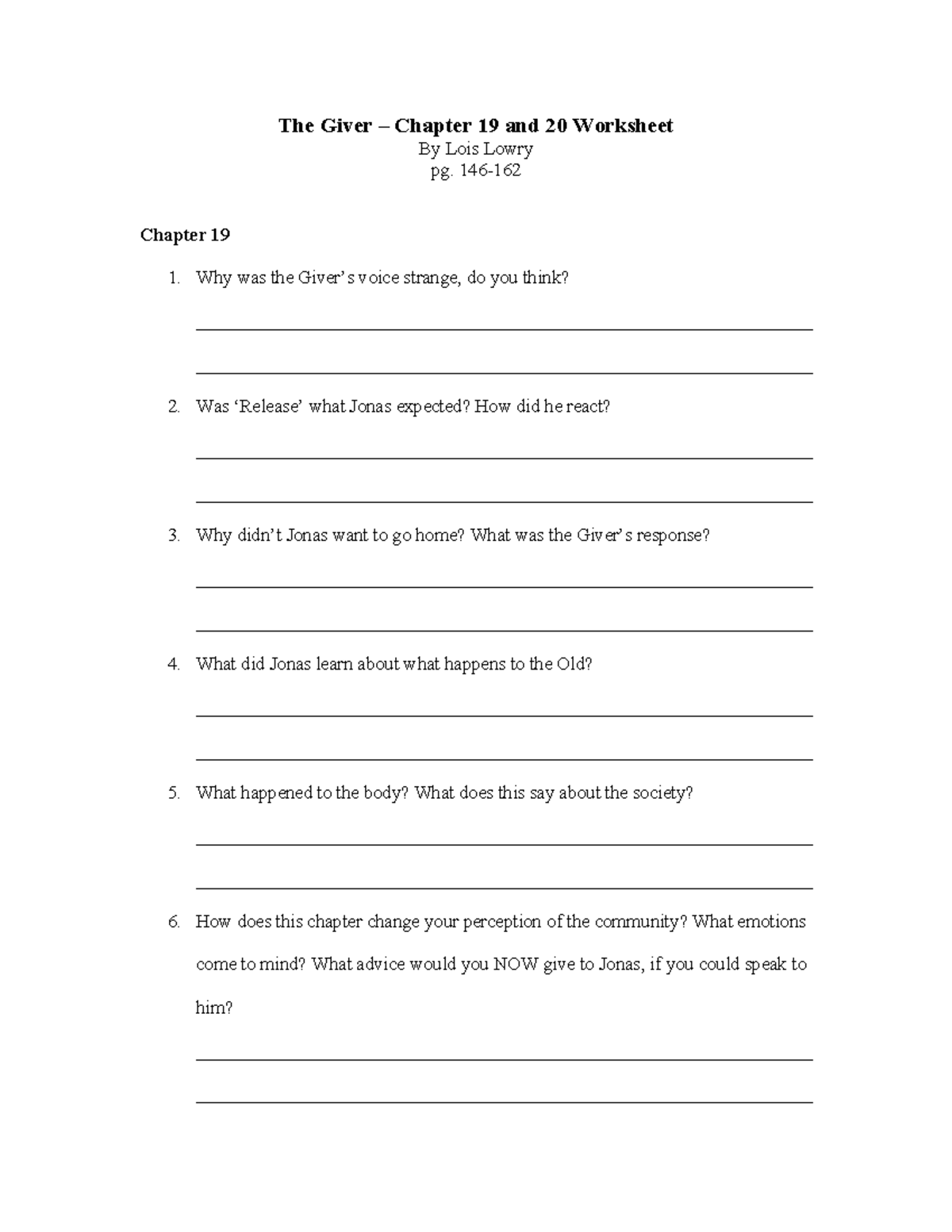 The Giver Worksheet - Ch. 19 and 20 - The Giver – Chapter 19 and 20 ...