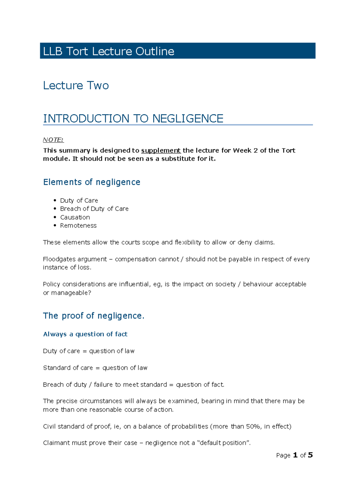 Tort Lecture 2 Handout Intro Negligence - LLB Tort Lecture Outline Lecture Two INTRODUCTION TO ...