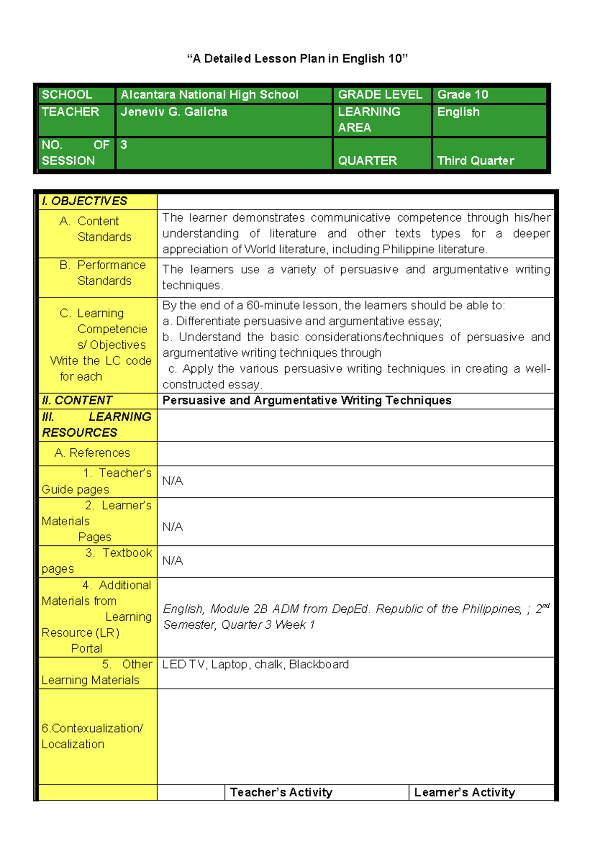 Persuasive Writing ENGQ3Week2 - “A Detailed Lesson Plan in English 10 ...