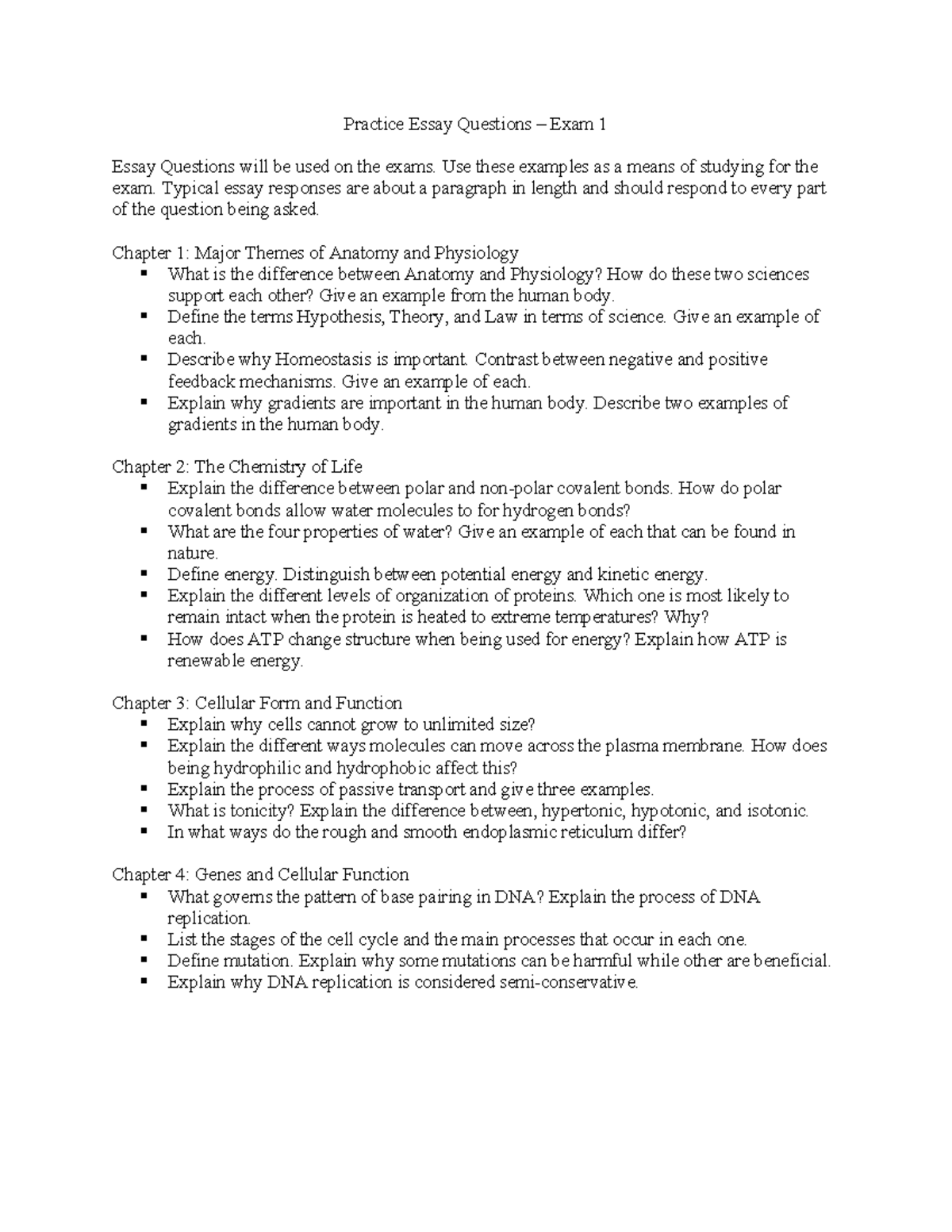 Example Essay Questions Exam 1 - Practice Essay Questions – Exam 1 ...