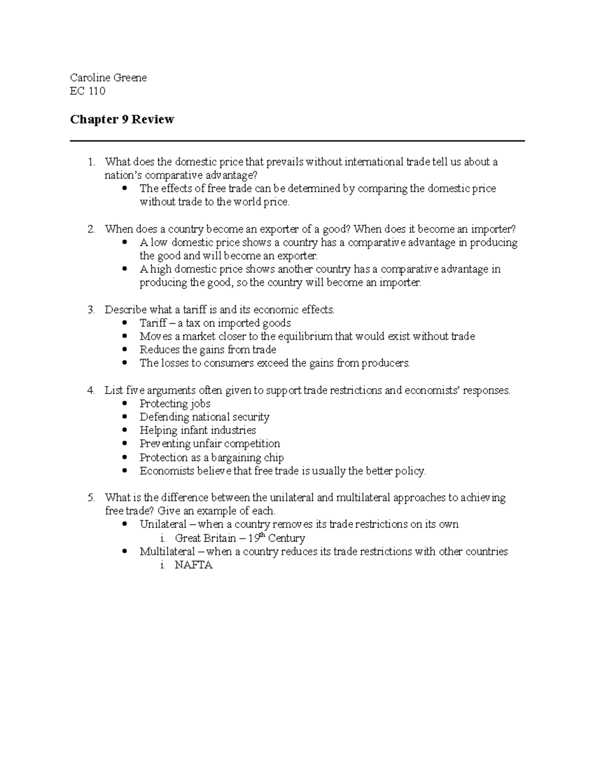 Chapter 9 Review - Instructor: Will Walsh - Caroline Greene EC 110 Chapter 9 Review What does ...