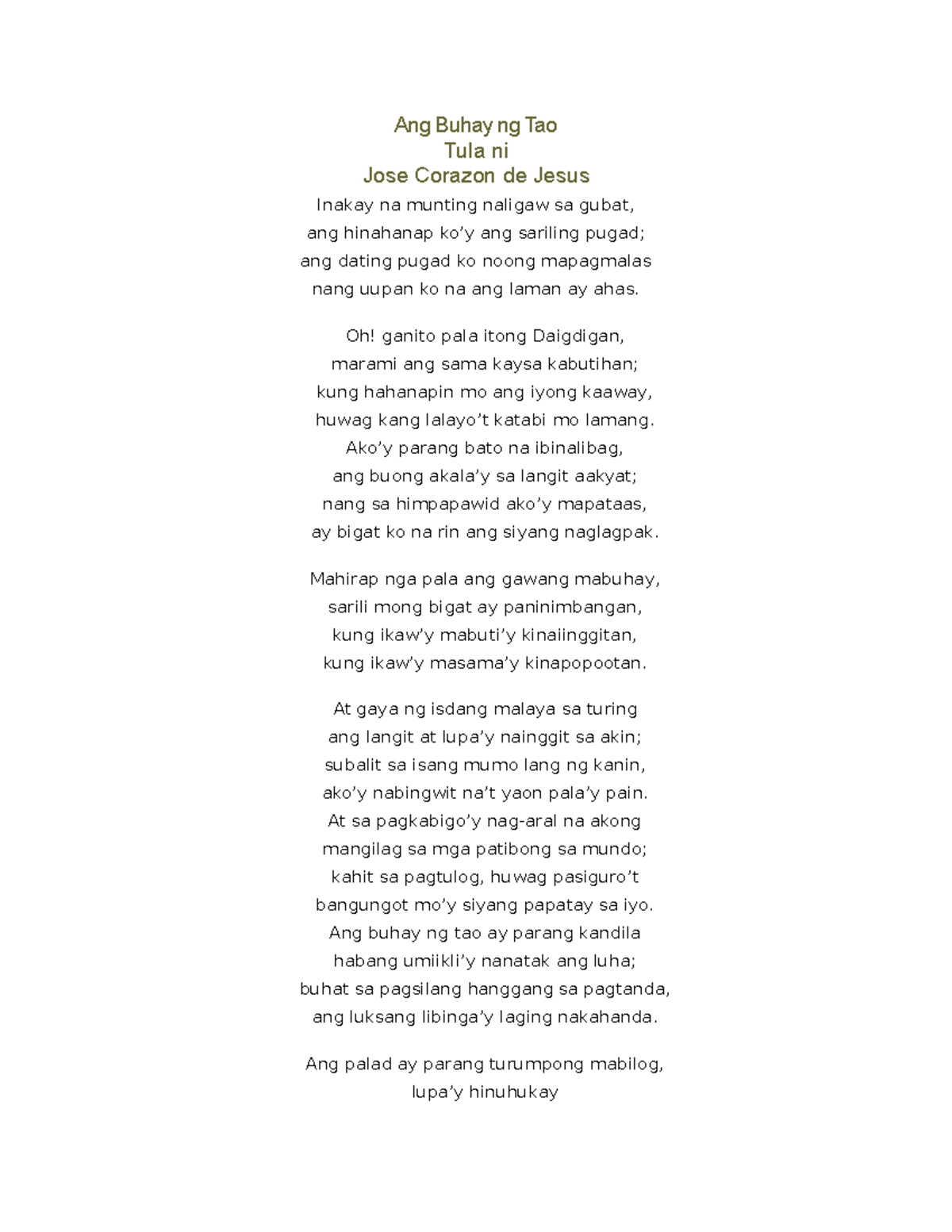 Ang Buhay ng Tao docx - Ang Buhay ng Tao Tula ni Jose Corazon de Jesus ...