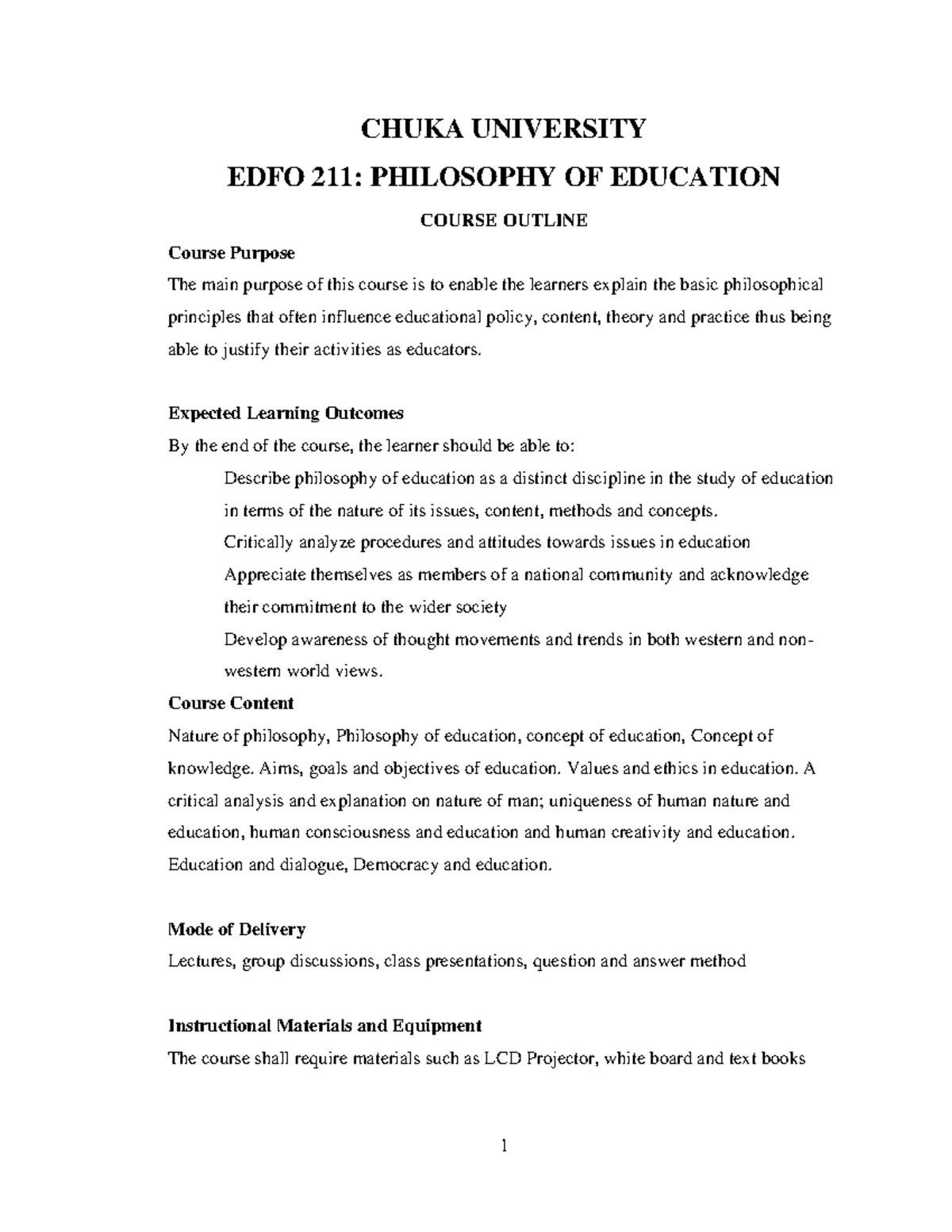 EDFO 211 Notes - AUG 2021 - CHUKA UNIVERSITY EDFO 211: PHILOSOPHY OF ...