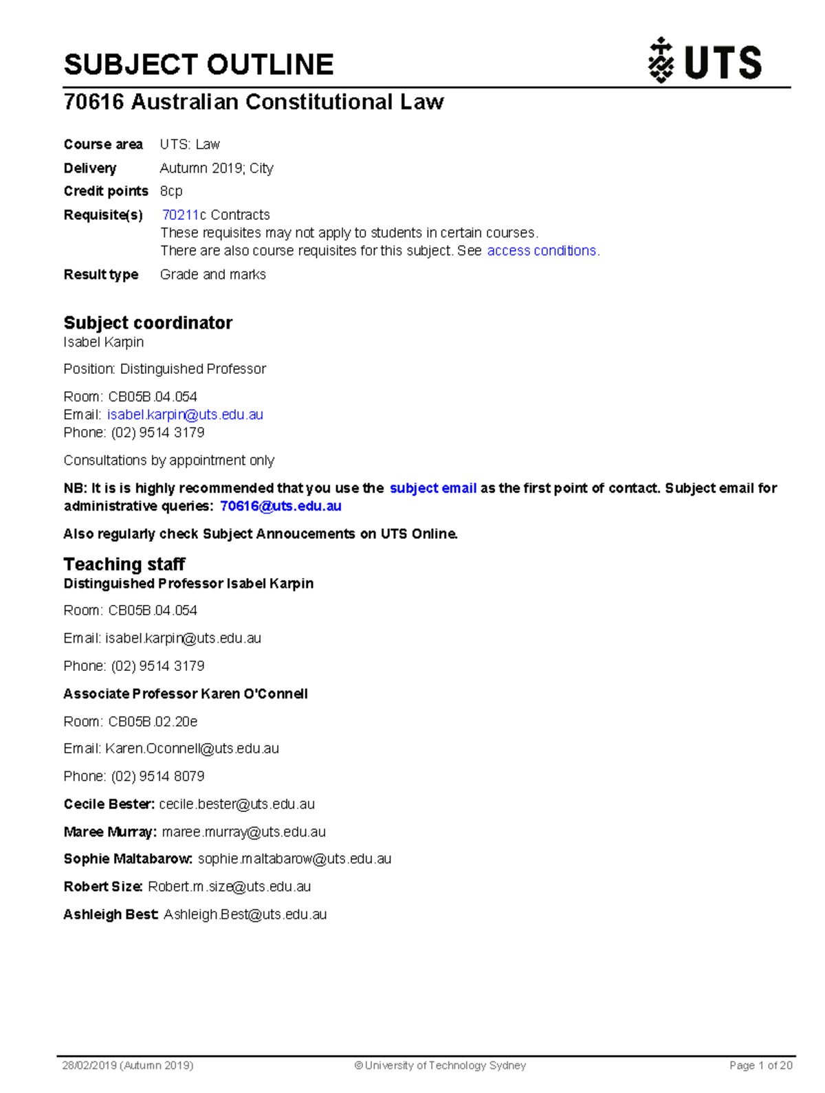 Subject Outline - SUBJECT OUTLINE 70616 Australian Constitutional Law ...