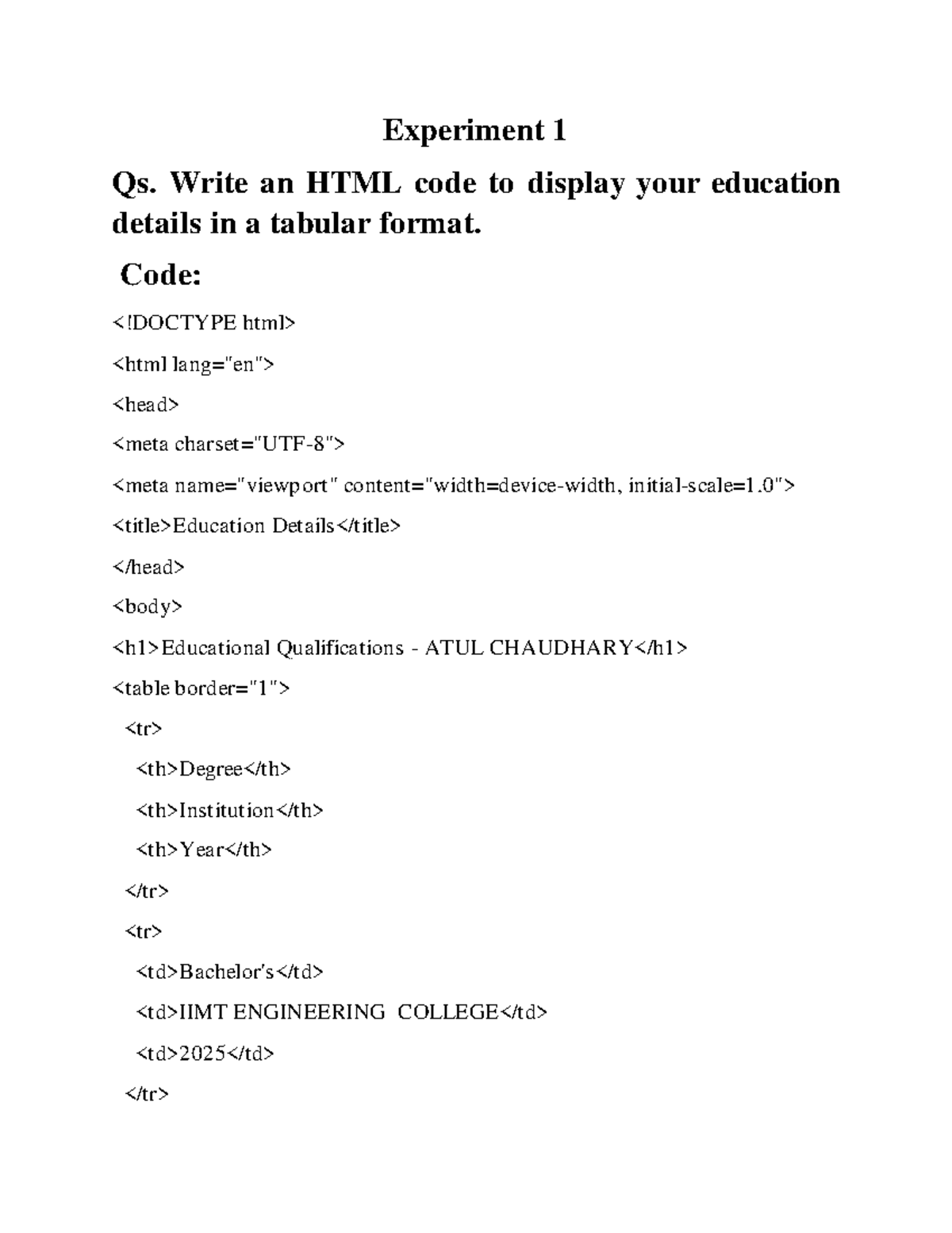 WEB Project - Experiment 1 Qs. Write an HTML code to display your education details in a tabular ...