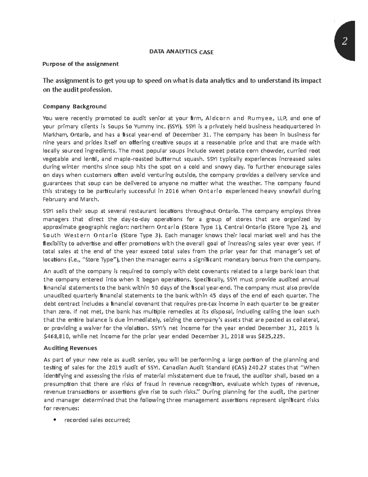 Data Analytics Case - auditing - 2 DATA ANALYTICS CASE Purpose of the ...