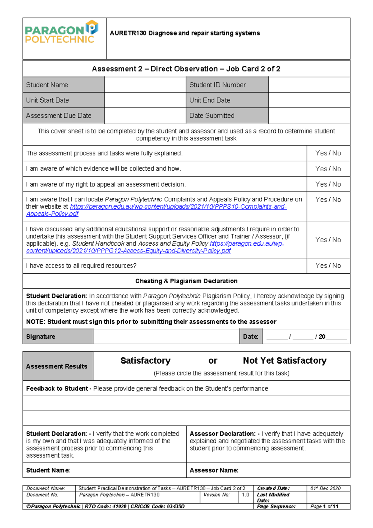 Auretr 130 Student Assessment 2 Job Card 2 - Assessment 2 – Direct ...