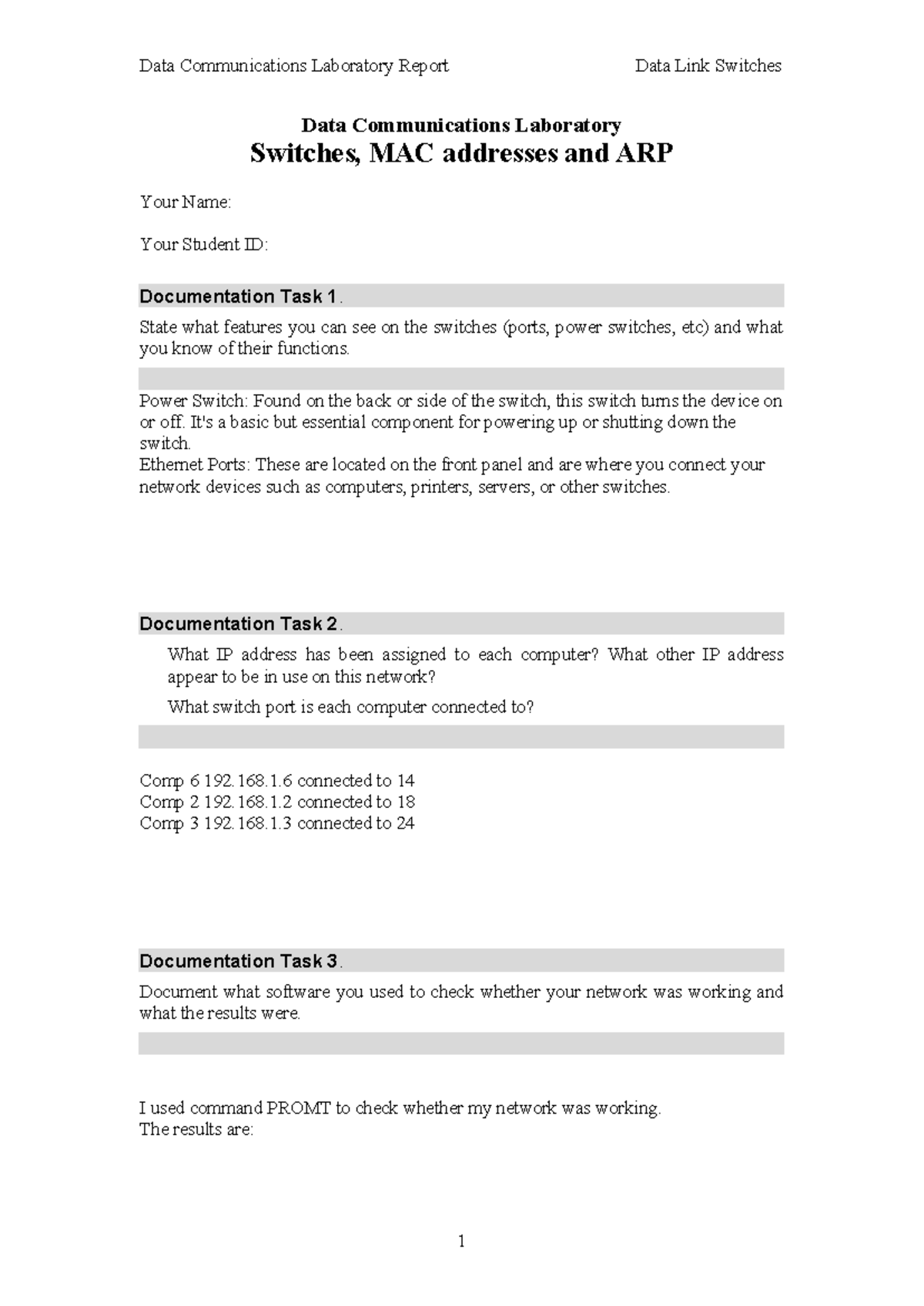Practical - Data Link Switches (PT) - Documentation Template - Data Communications Laboratory ...