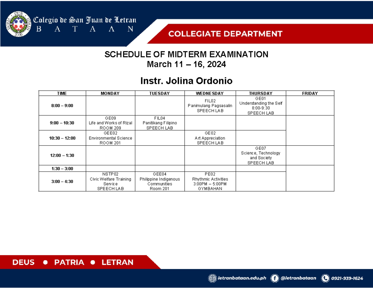 Faculty Midterm Examination Schedule - March 11 – 16, 2024 Instr ...