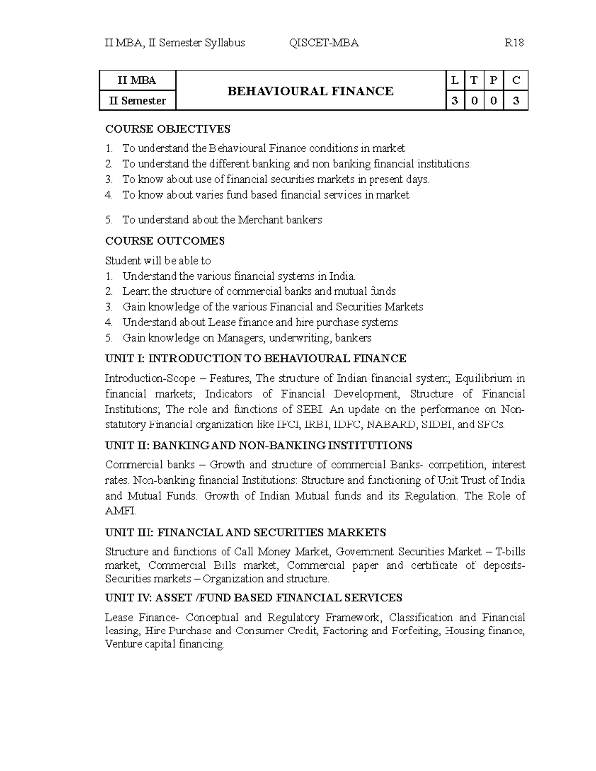 MBA IV SEM - SYLLABUS - R II MBA BEHAVIOURAL FINANCE L T P C II ...