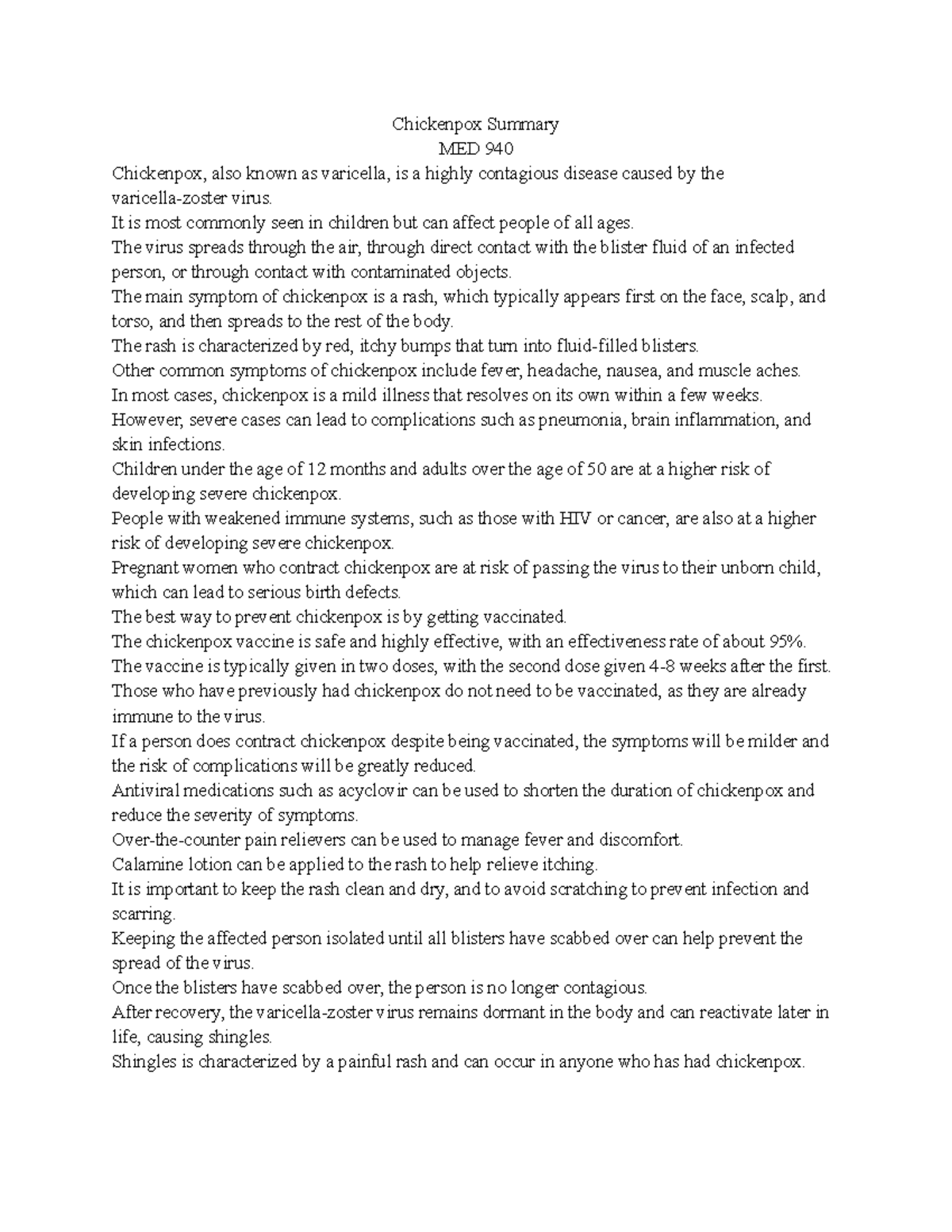 Chickenpox Summary - Chickenpox Summary MED 940 Chickenpox, also known ...