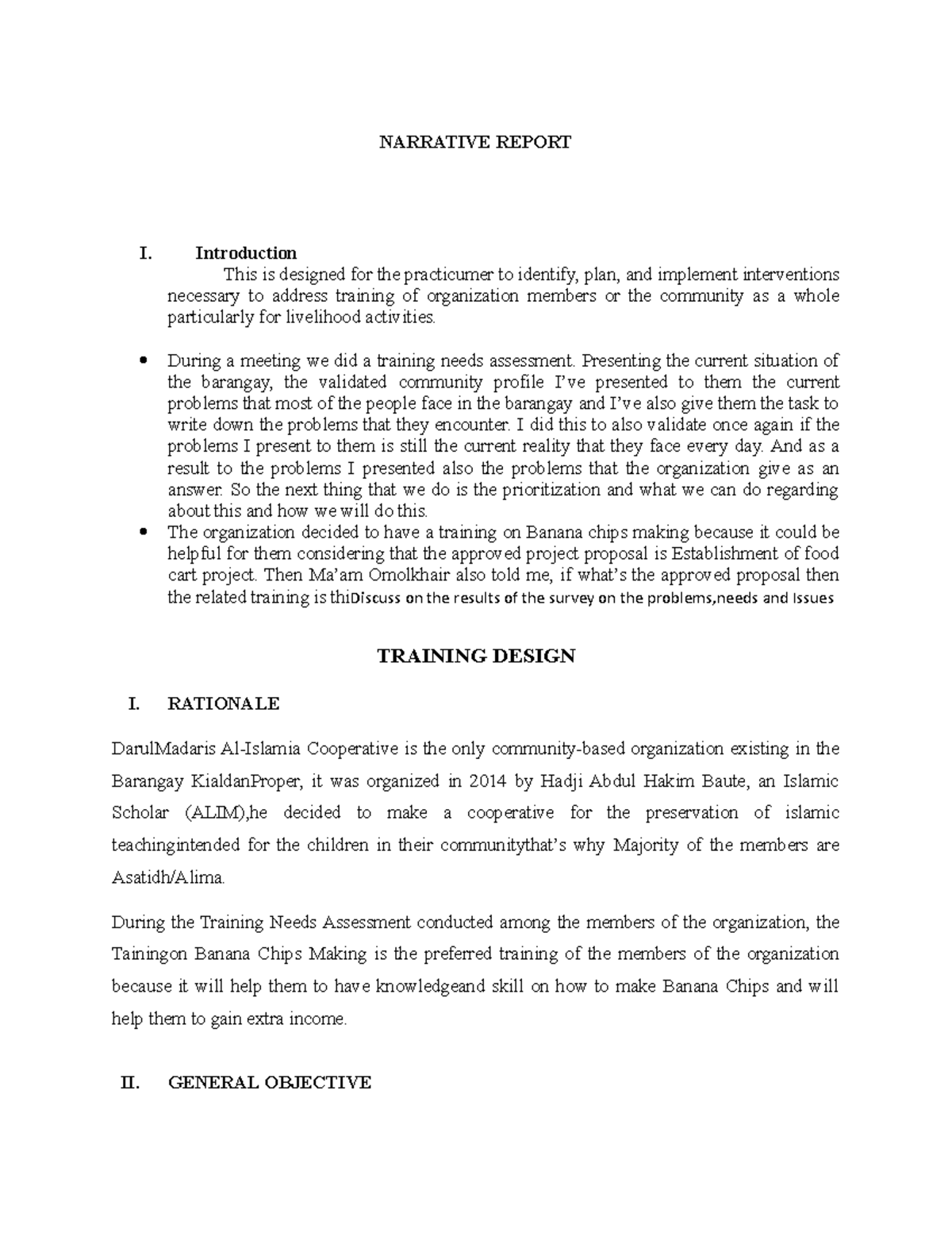 Narrative Report (training banana chips) - NARRATIVE REPORT I ...