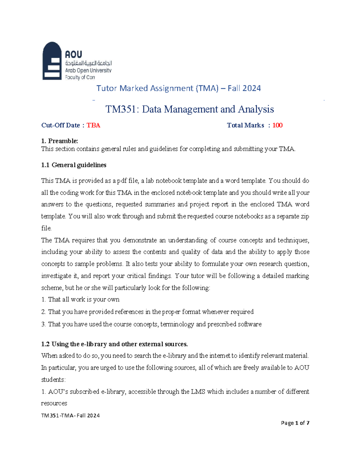 TM351 -TMA- Fall 2024- Other Branches - TM351-TMA- Fall 2024 Cut-Off Date : TBA Total Marks ...