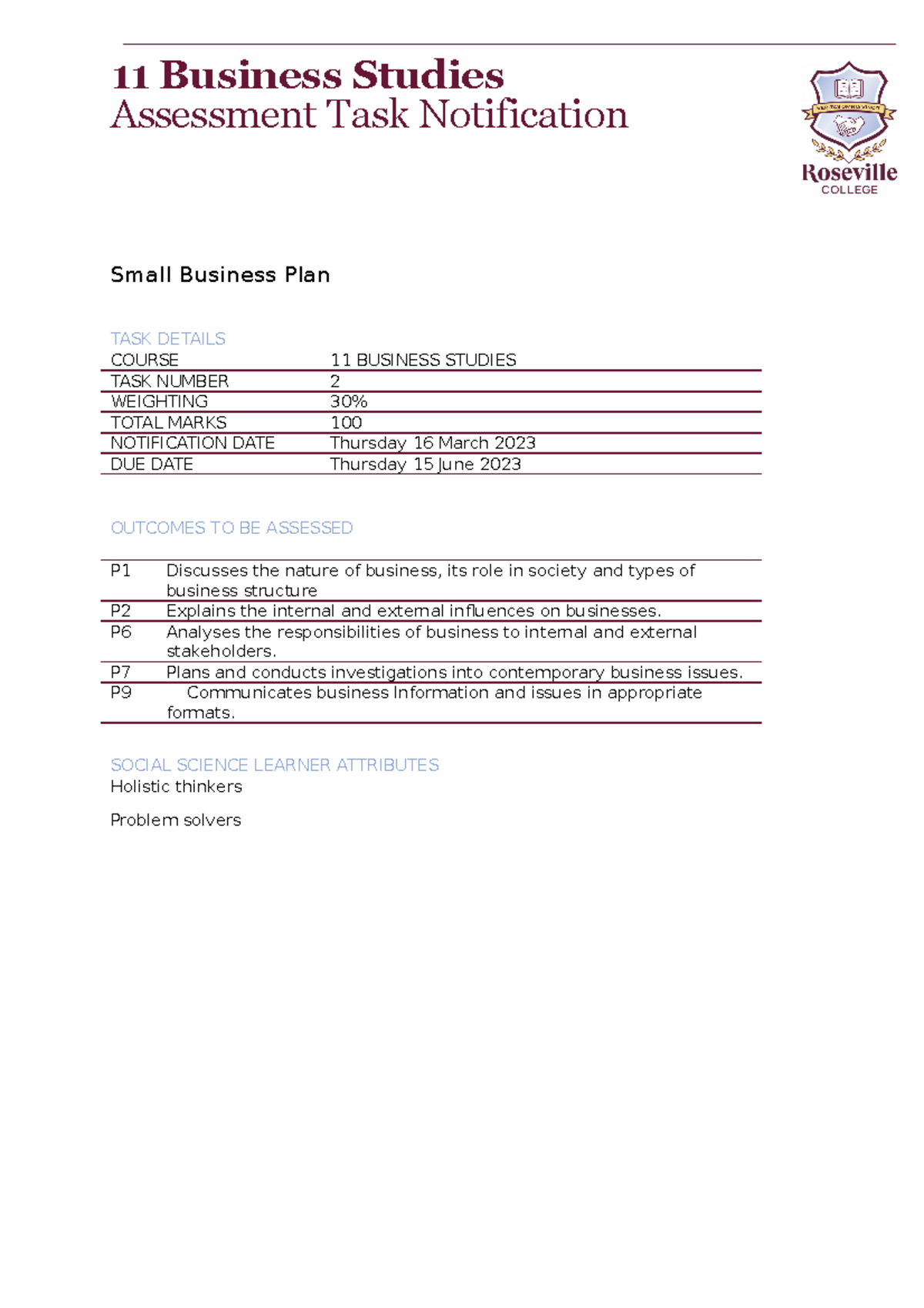 2023 11 Business Studies Task 2 Notification and MC - Small Business Plan TASK DETAILS COURSE 11 ...