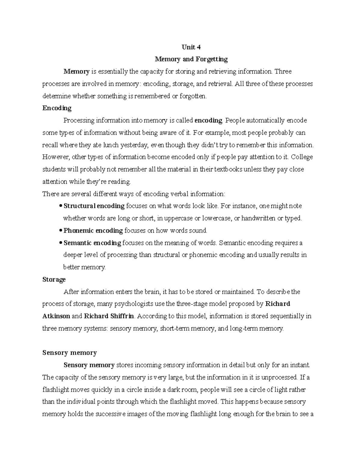 Memory Reading Material Unit 4 Memory And Forgetting Memory Is Essentially The Capacity For