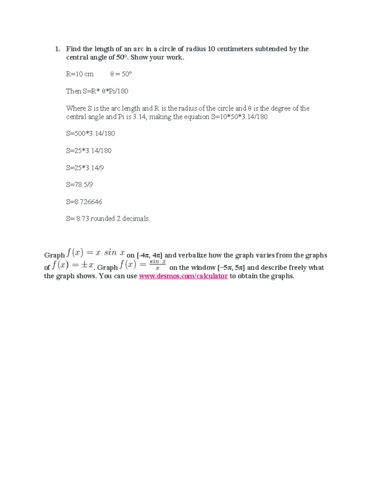 Algebra unit 7 written - Find the length of an arc in a circle of ...