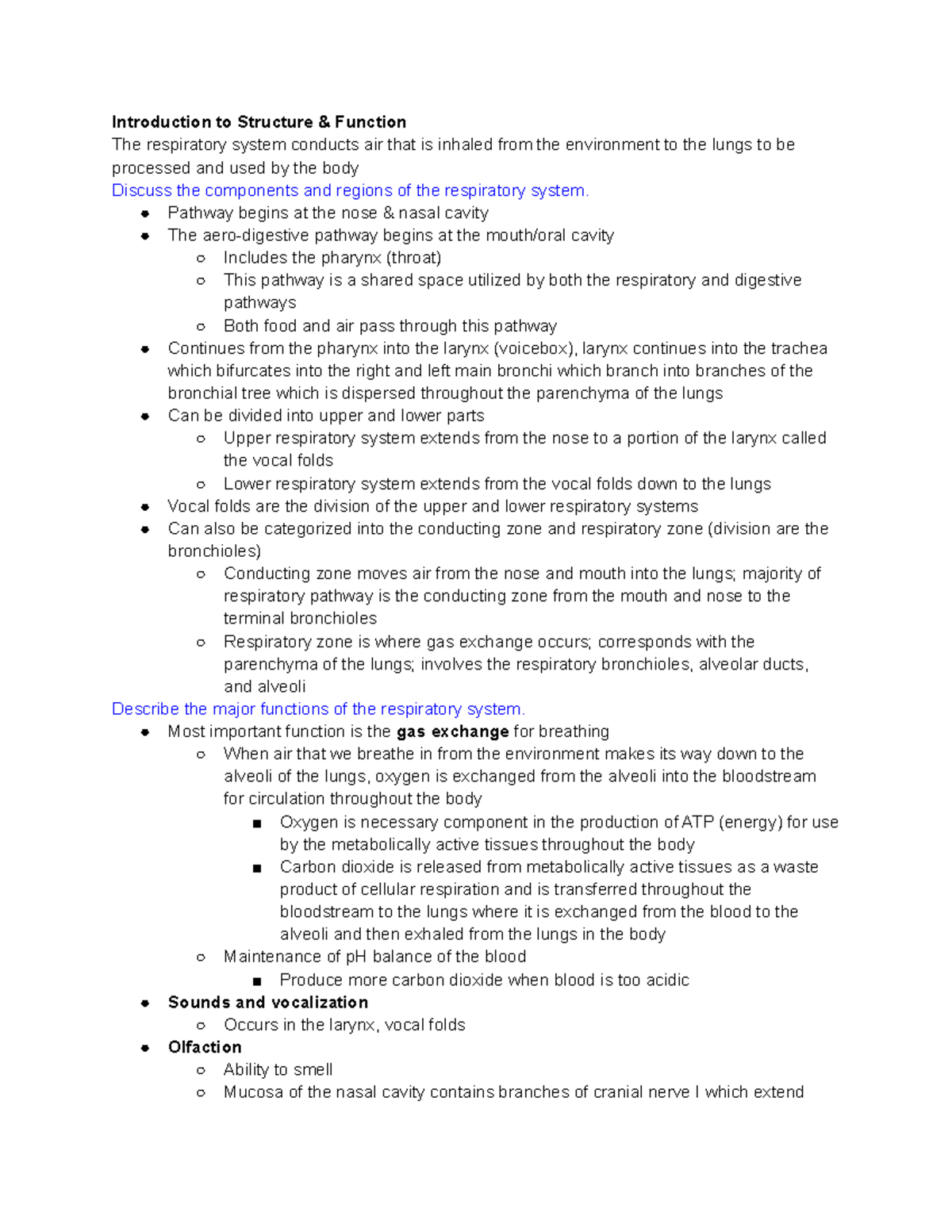 Respiratory learning objectives - Introduction to Structure & Function ...