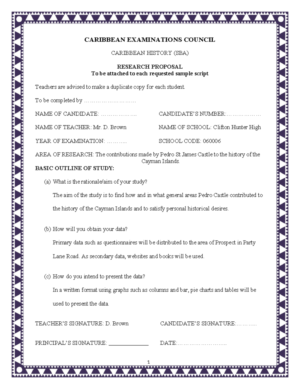 Sample SBA 1 - CARIBBEAN EXAMINATIONS COUNCIL CARIBBEAN HISTORY (SBA ...