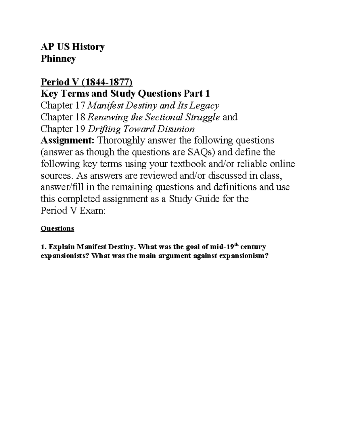 AP US History Key Terms and Study Questions Period V Part 1 - AP US ...