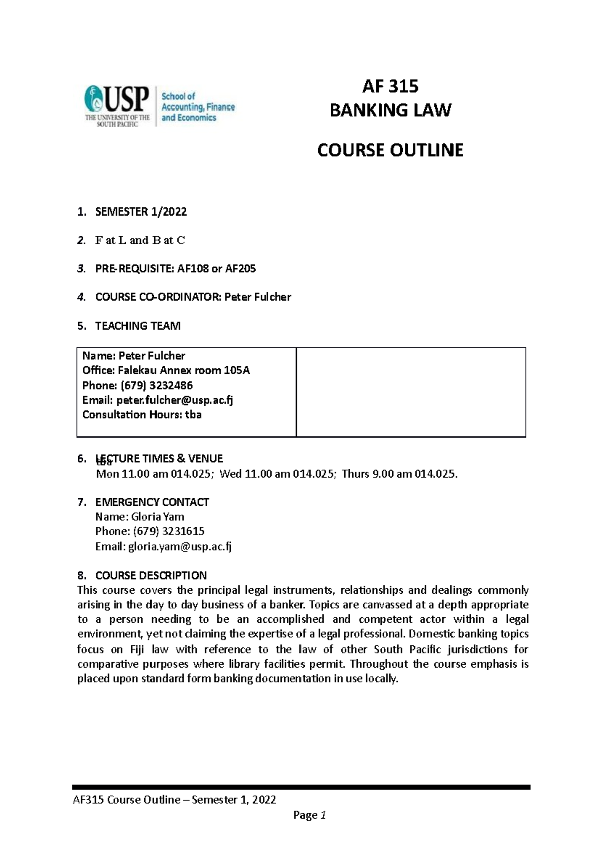 AF315 course outline 2022 - AF 315 BANKING LAW COURSE OUTLINE 1 ...