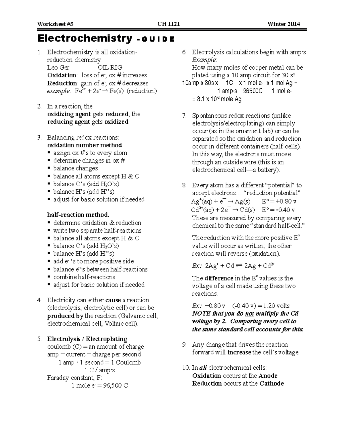 3 - Electrochemistry Guide - Worksheet Electrochemistry CH 1121 Winter ...