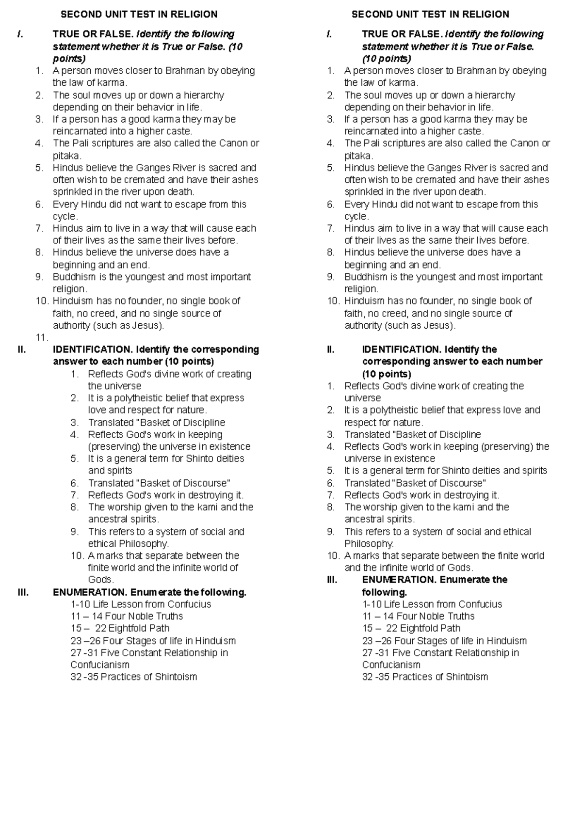 Religion First LONG QUIZ - SECOND UNIT TEST IN RELIGION I. TRUE OR ...