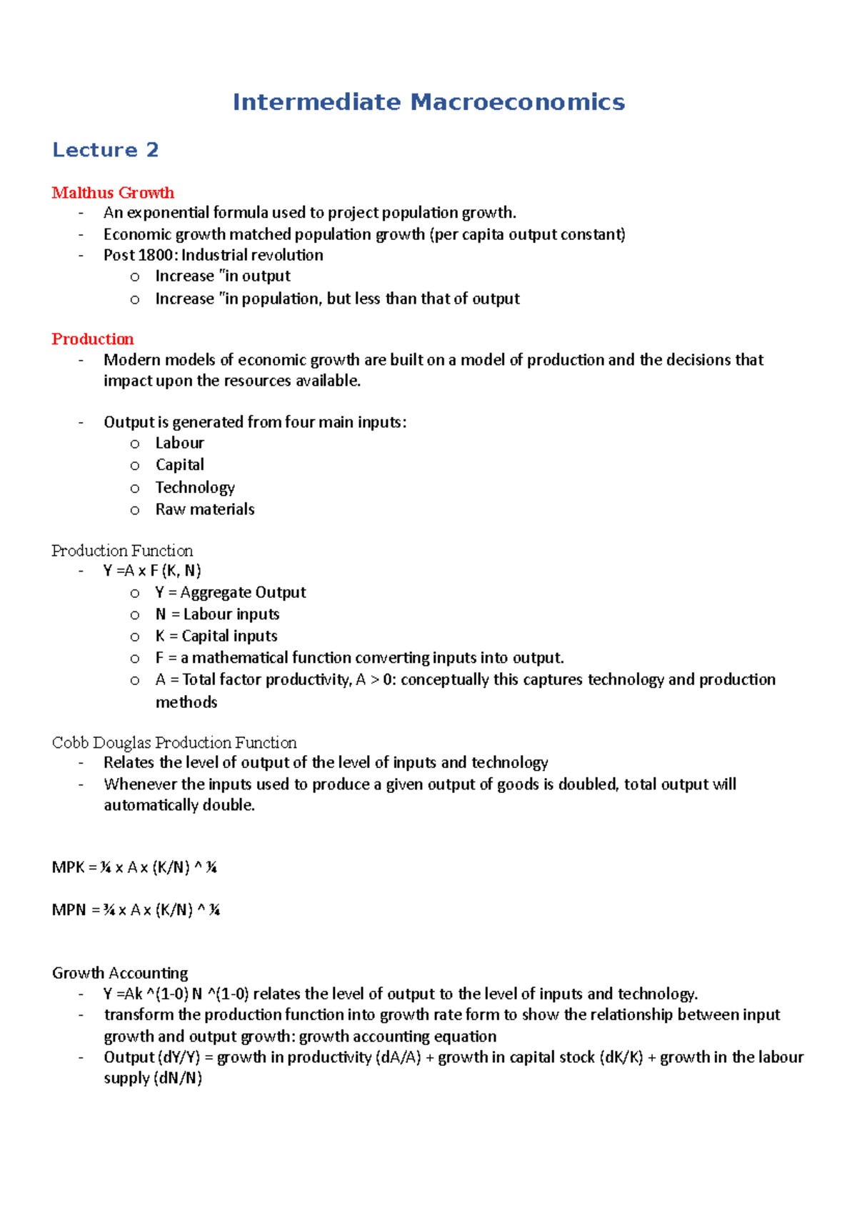 Intermediate Macroeconomics - Intermediate Macroeconomics Lecture 2 Malthus Growth - An ...