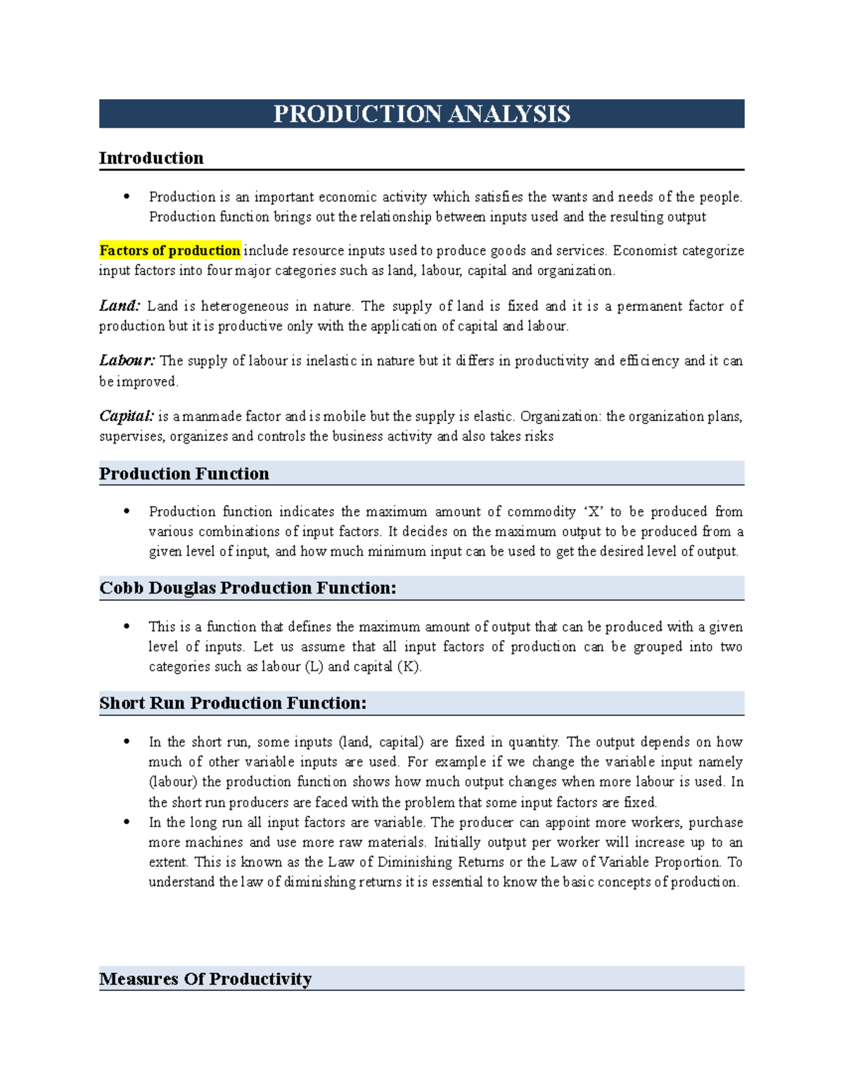 Production Analysis - PRODUCTION ANALYSIS Introduction Production is an ...