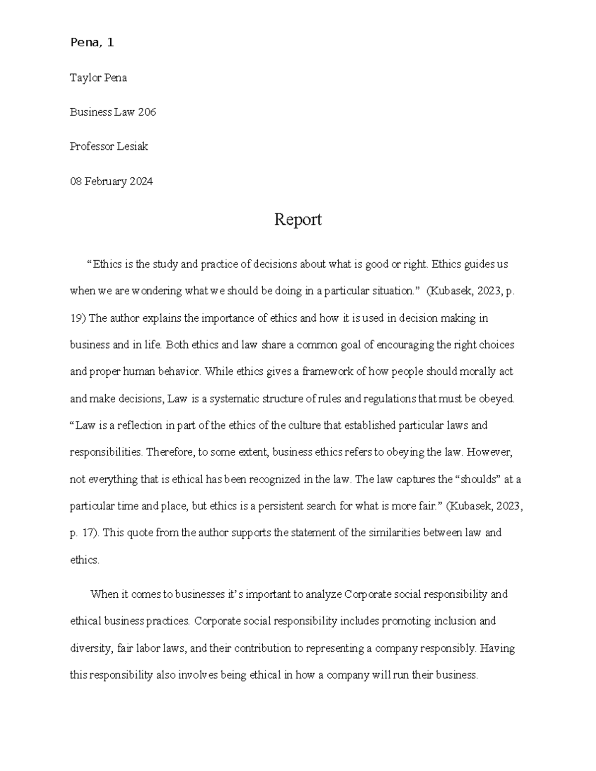 Bus Law Chapter 5Report - Taylor Pena Business Law 206 Professor Lesiak ...