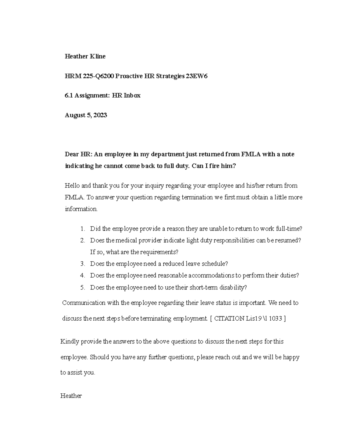 6.2 HR Inbox - Heather Kline HRM 225-Q6200 Proactive HR Strategies 23EW ...