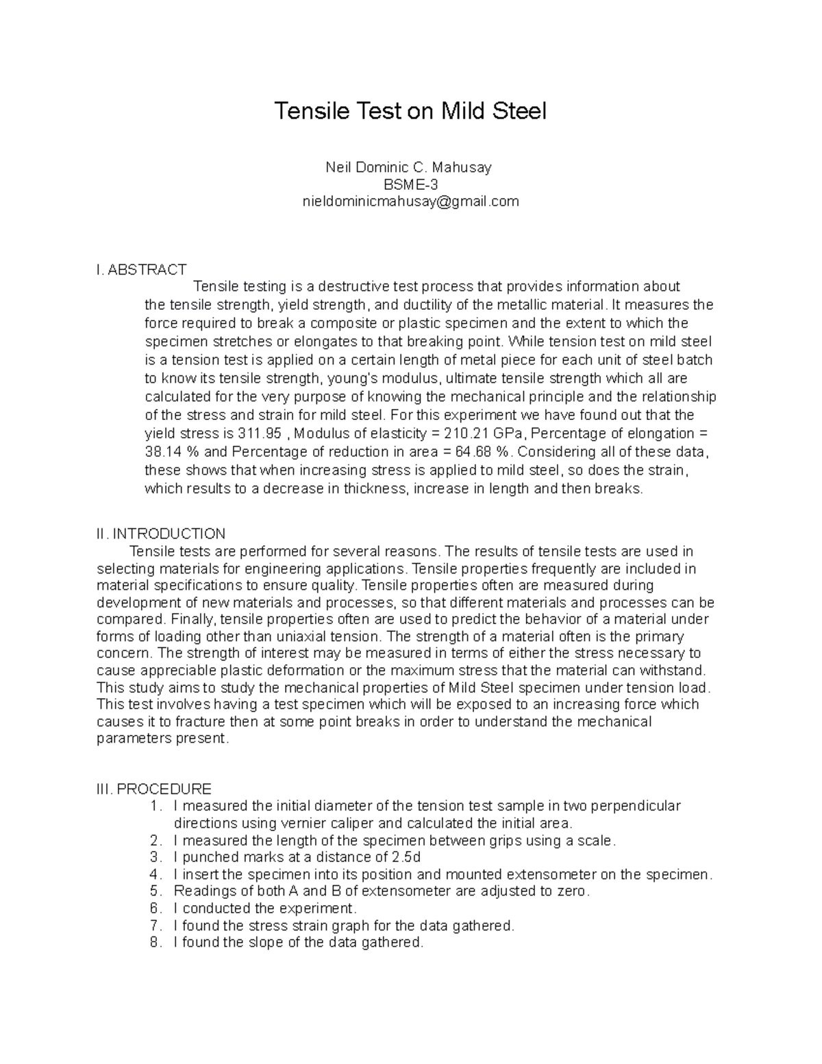 Tensile TEST ON MILD Steel - Tensile Test on Mild Steel Neil Dominic C ...