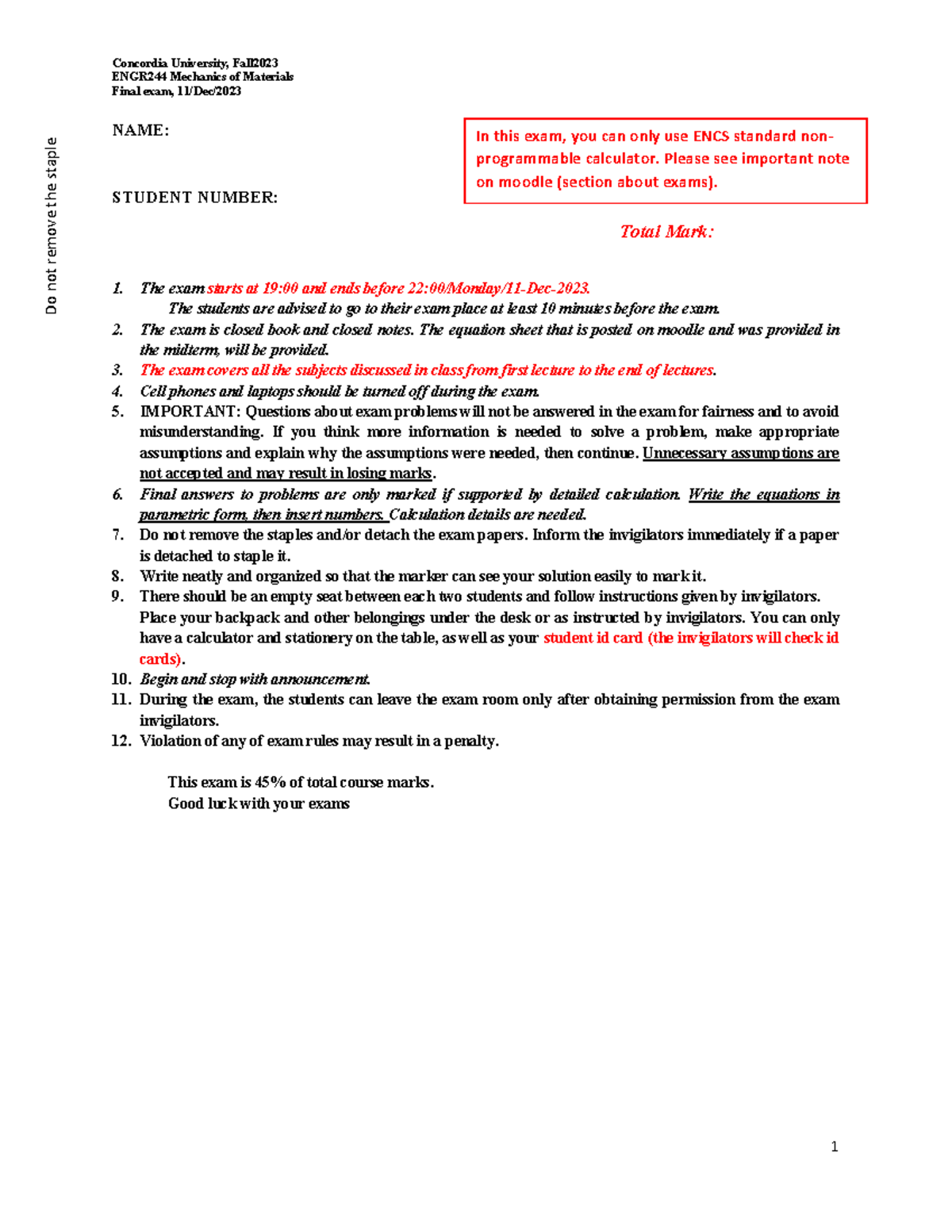 ENGR244 2023F Final exam cover page Draft - Concordia University, Fall ...