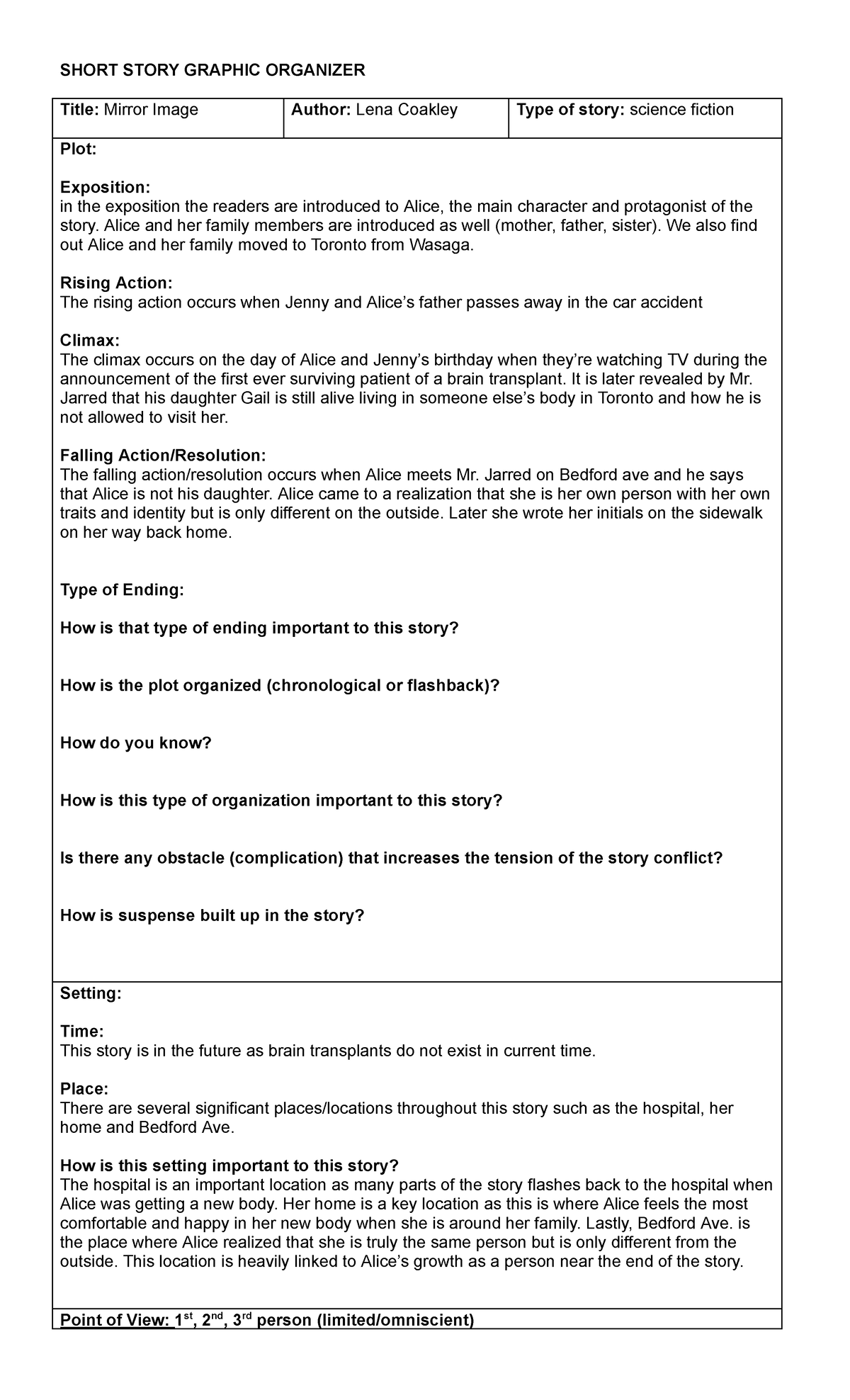 Mirror Image graphic organizer - SHORT STORY GRAPHIC ORGANIZER Title ...