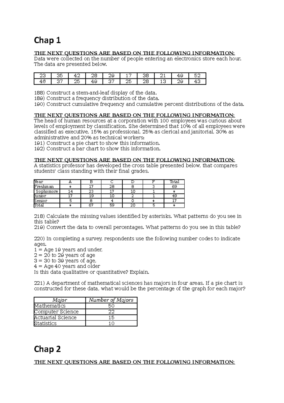 Some exercises from chap 1 - 3 - Chap 1 THE NEXT QUESTIONS ARE BASED ON ...