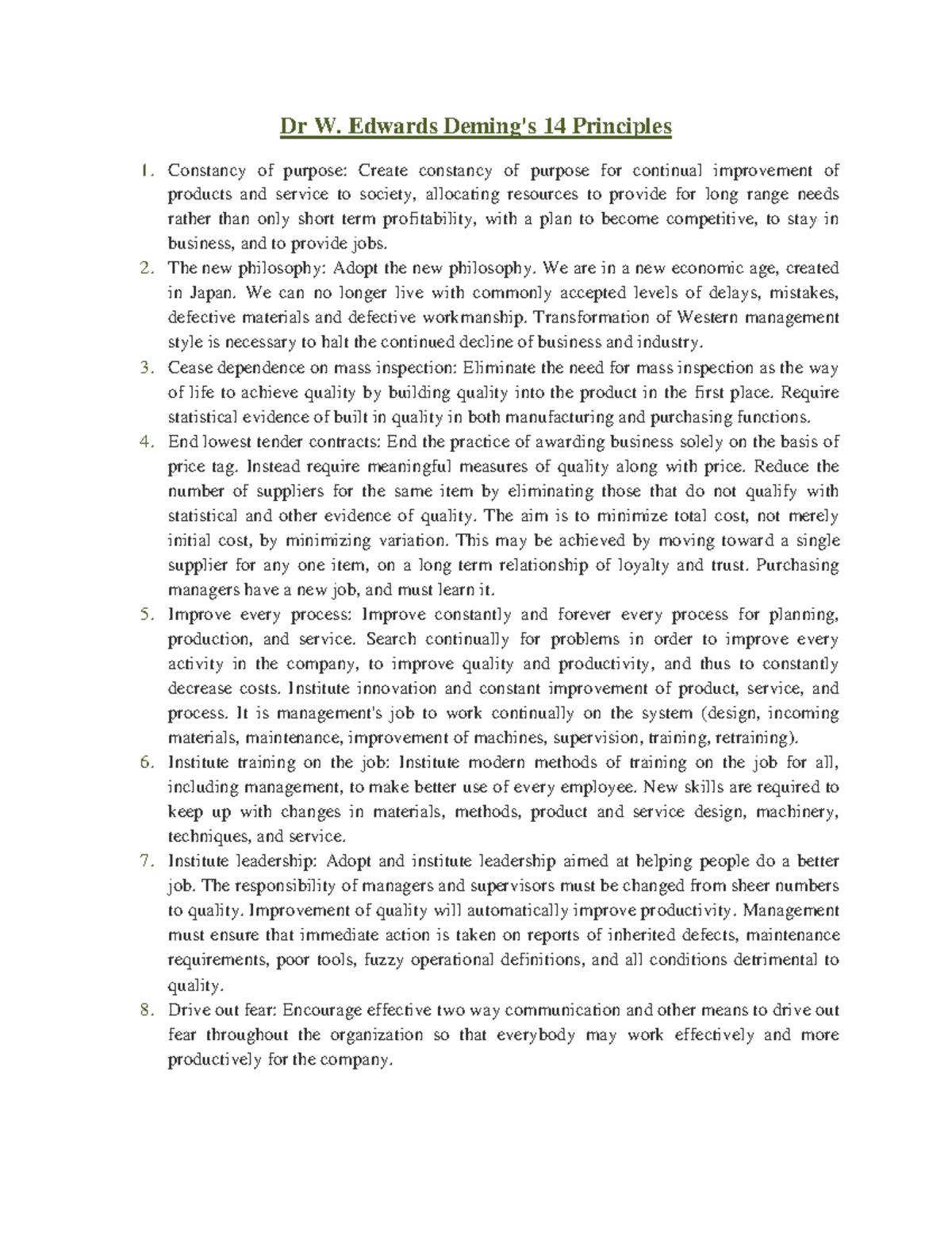 Dr W. Edwards Deming 14 principles - Dr W. Edwards Deming's 14 ...