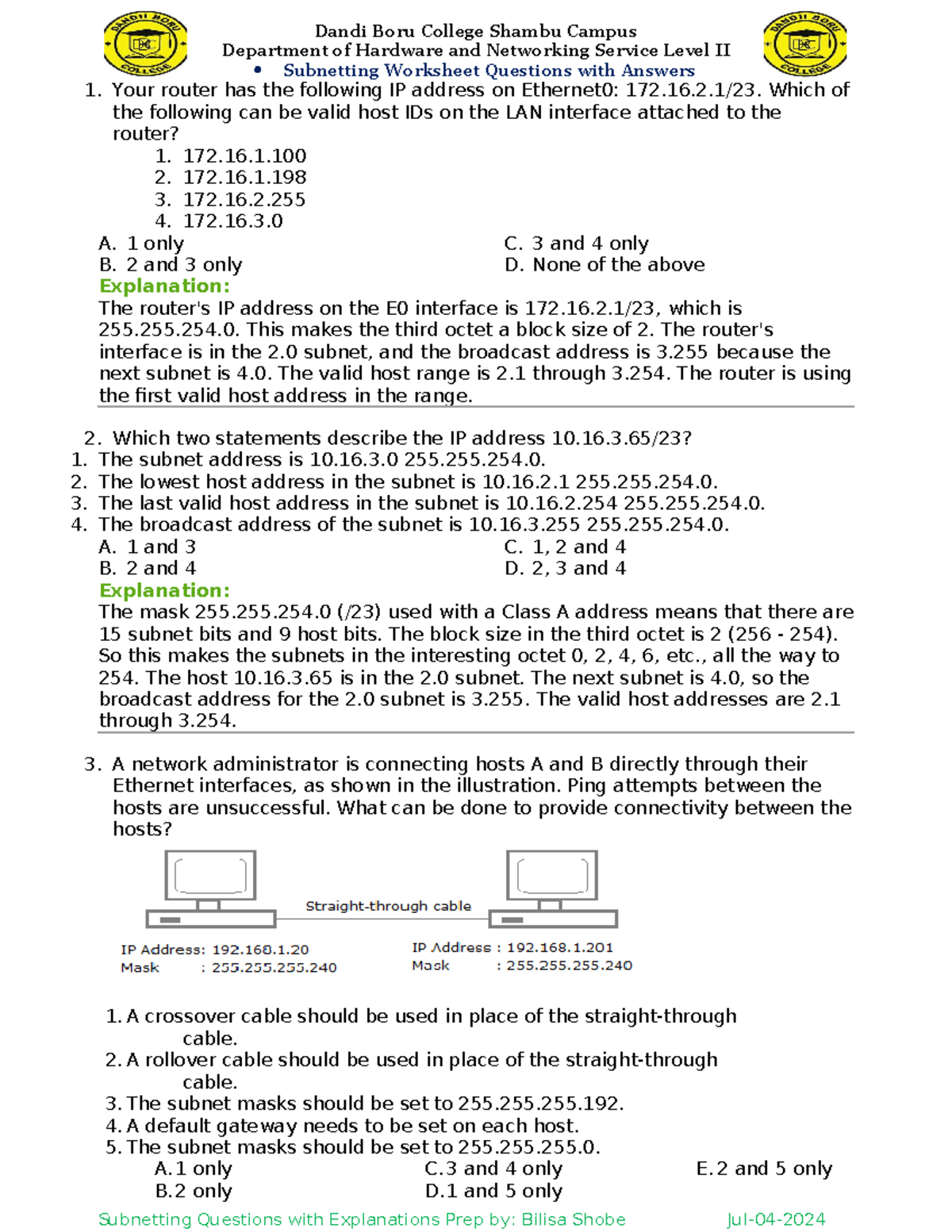 Exercise Subnetting - YES - Department of Hardware and Networking Service Level II Subnetting ...