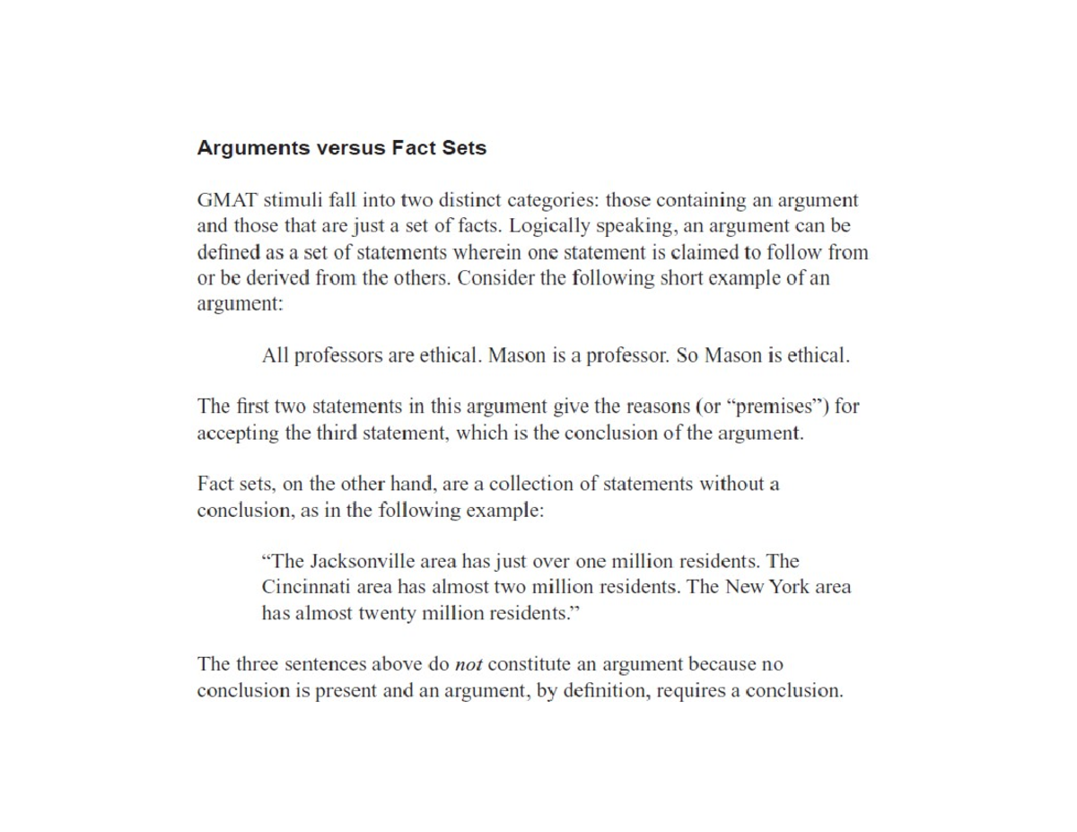 2 - math - Arguments versus Fact Sets GMAT stimuli fall into two ...