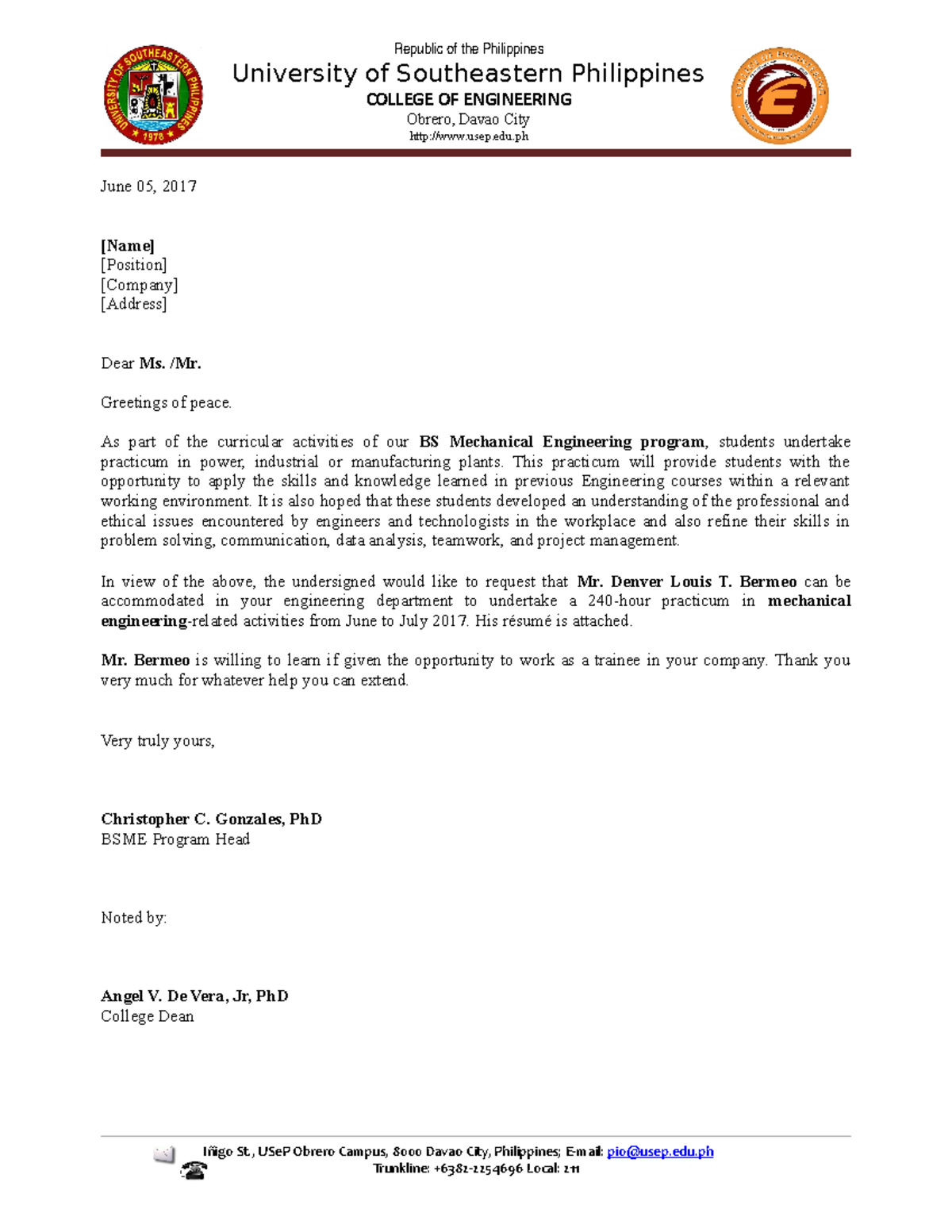 7letter to Company - its okay - Republic of the Philippines University ...