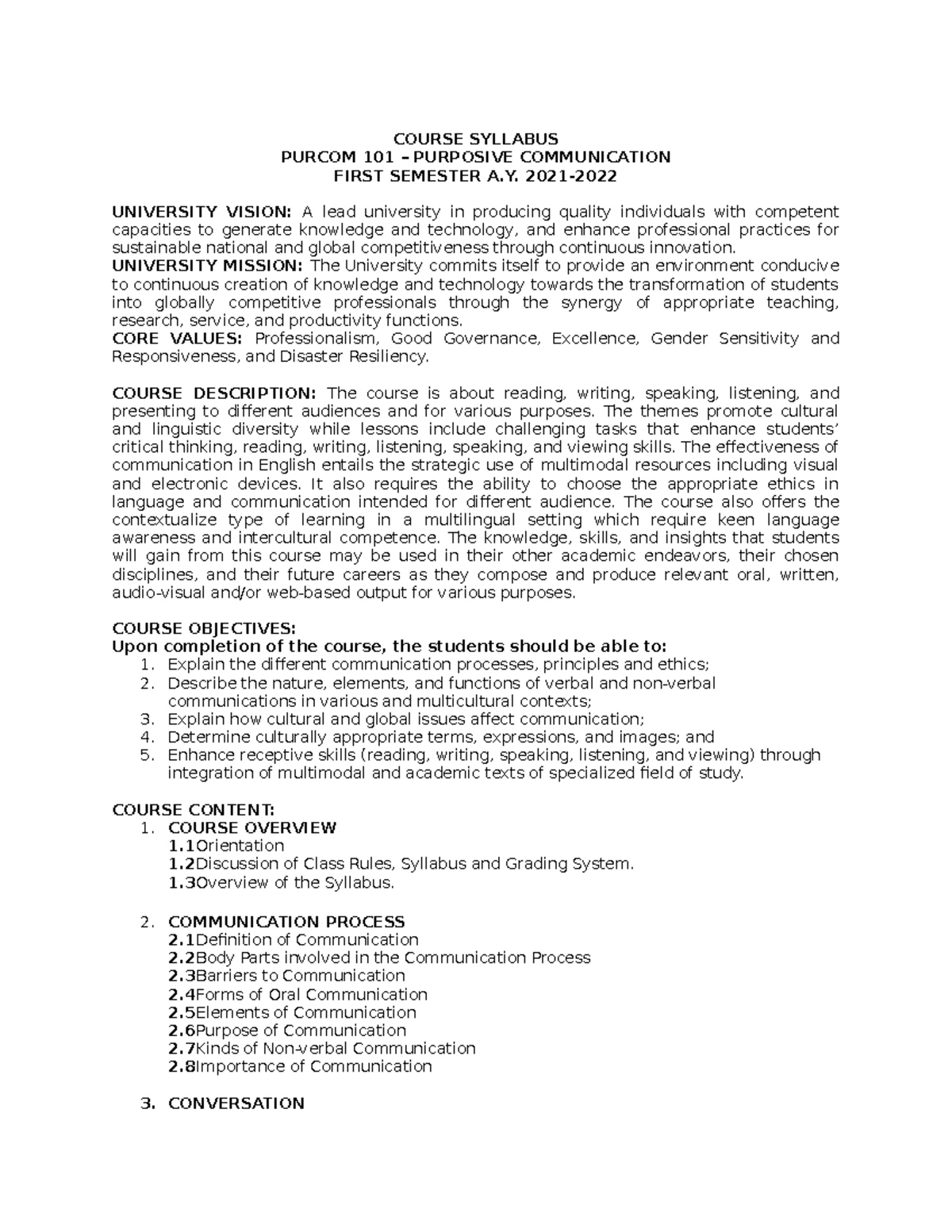 Purposive Communication Course Syllabus - DHVSU - Studocu