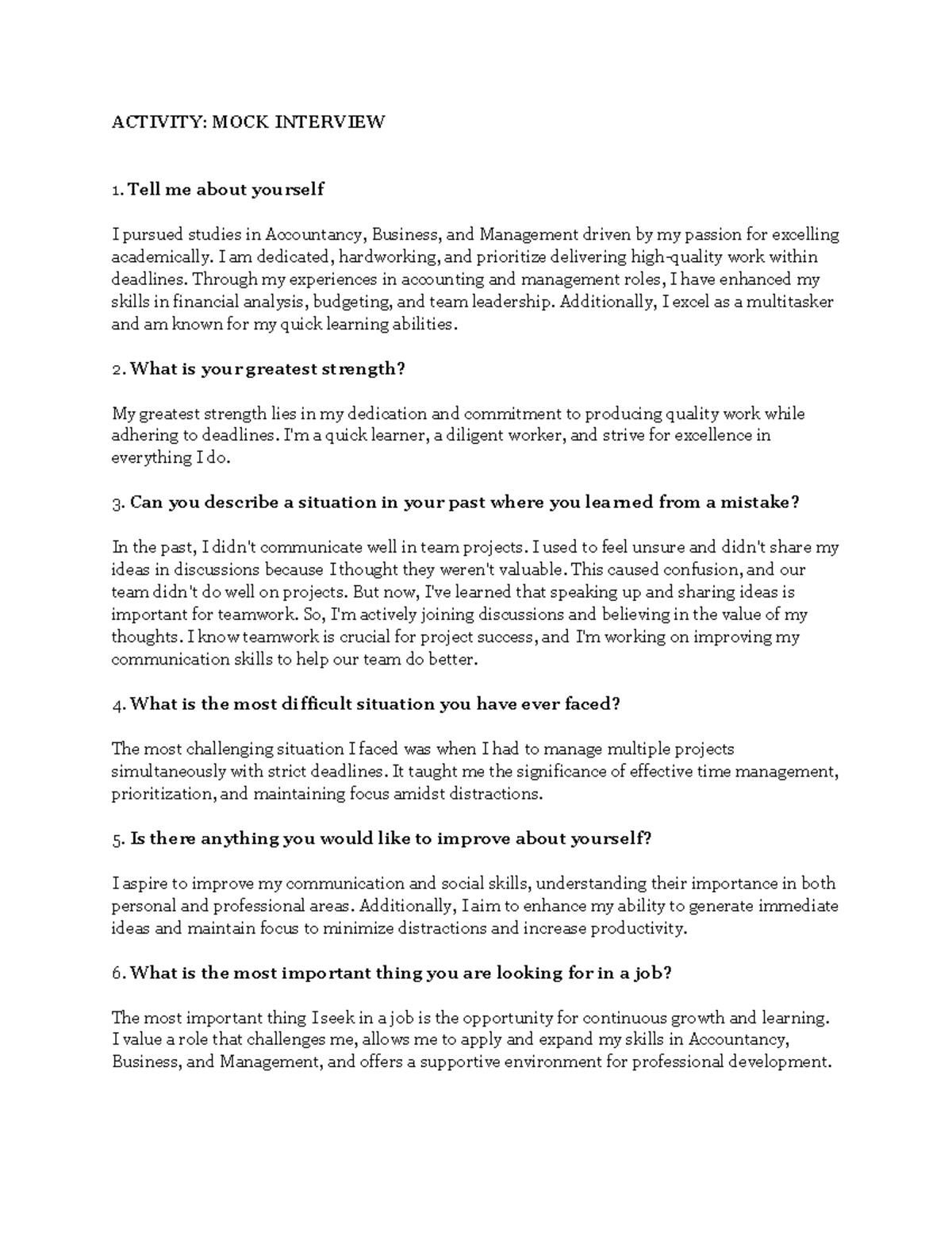 WORK Immersion - Example answers in company interview - ACTIVITY: MOCK ...