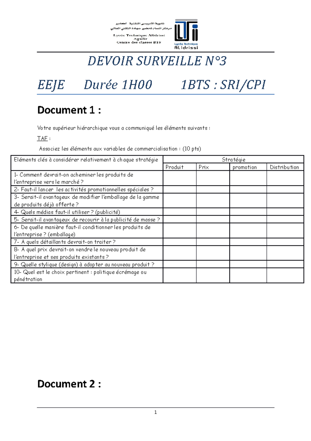 Devoir n 3 2022 EEJE CPI SRI - DEVOIR SURVEILLE N° EEJE Durée 1H00 1BTS ...