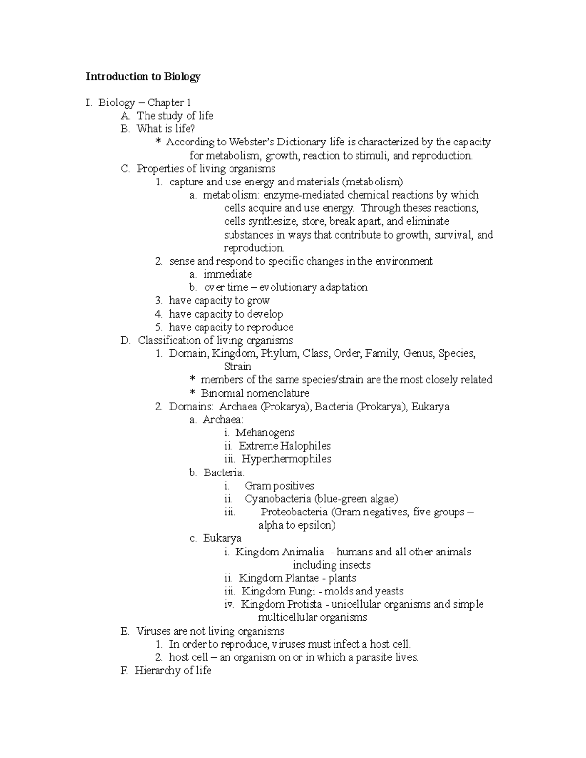 1 - Intro to Bio - Lecture notes 1 - Introduction to Biology I. Biology ...