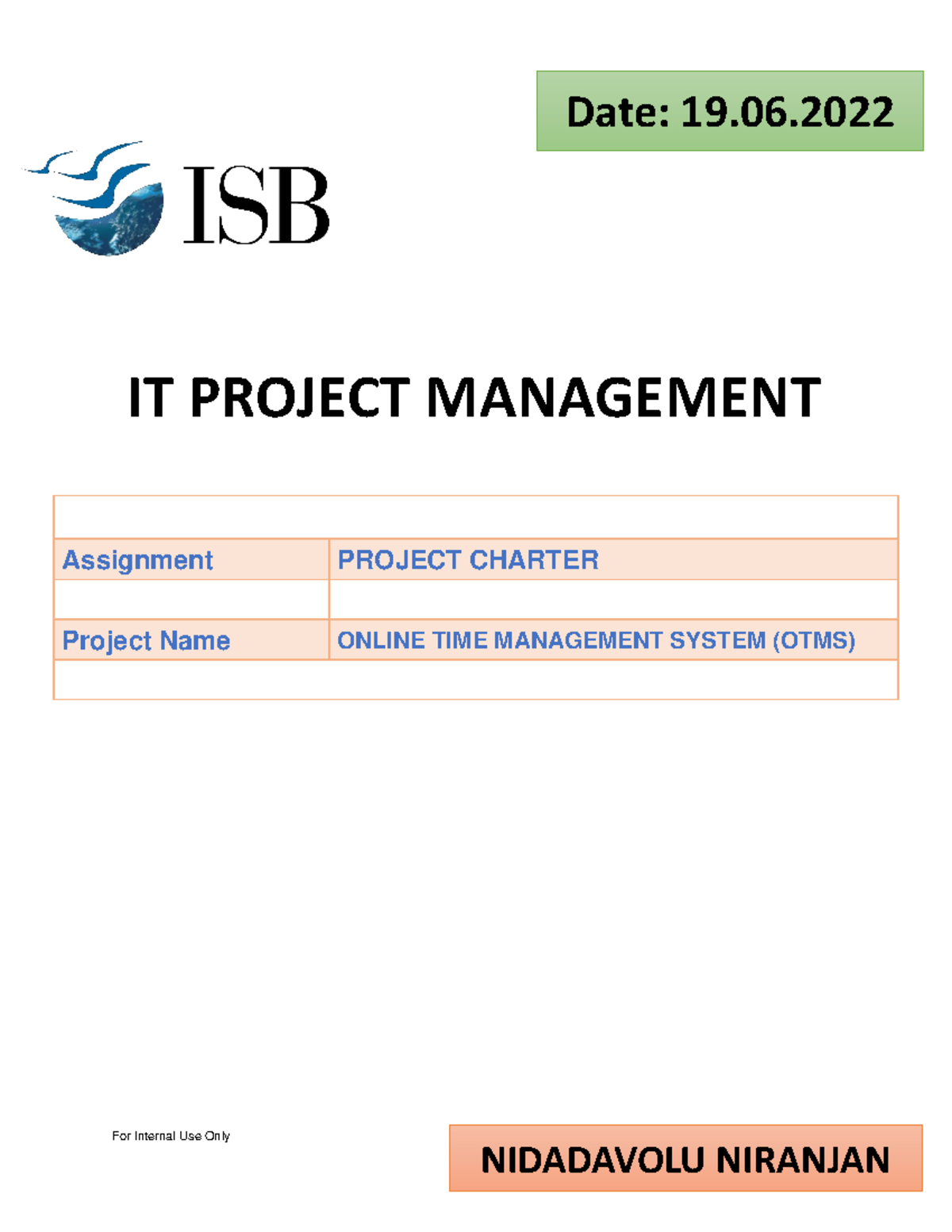 ISB ITPM Captone Project Part1 Nidadavolu Niranjan - For Internal Use ...