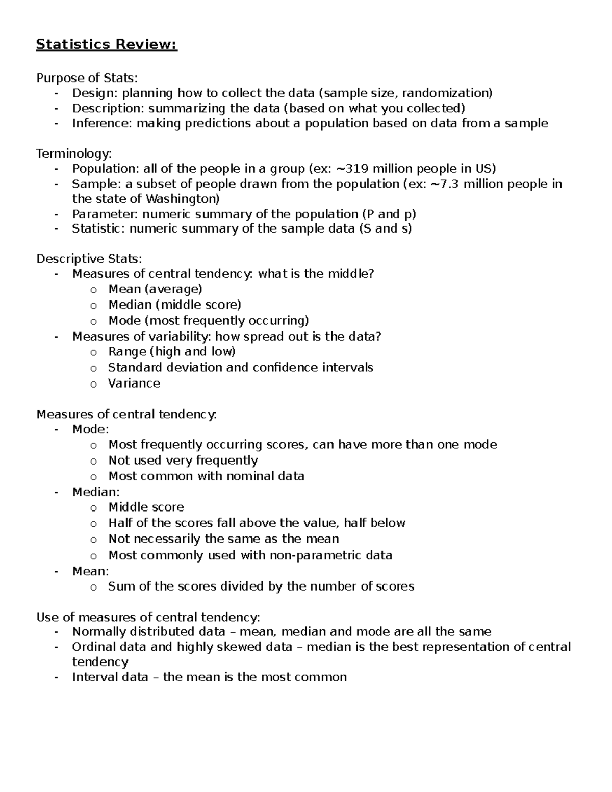 EXSC 455 Statistics Review Notes - Statistics Review: Purpose of Stats ...