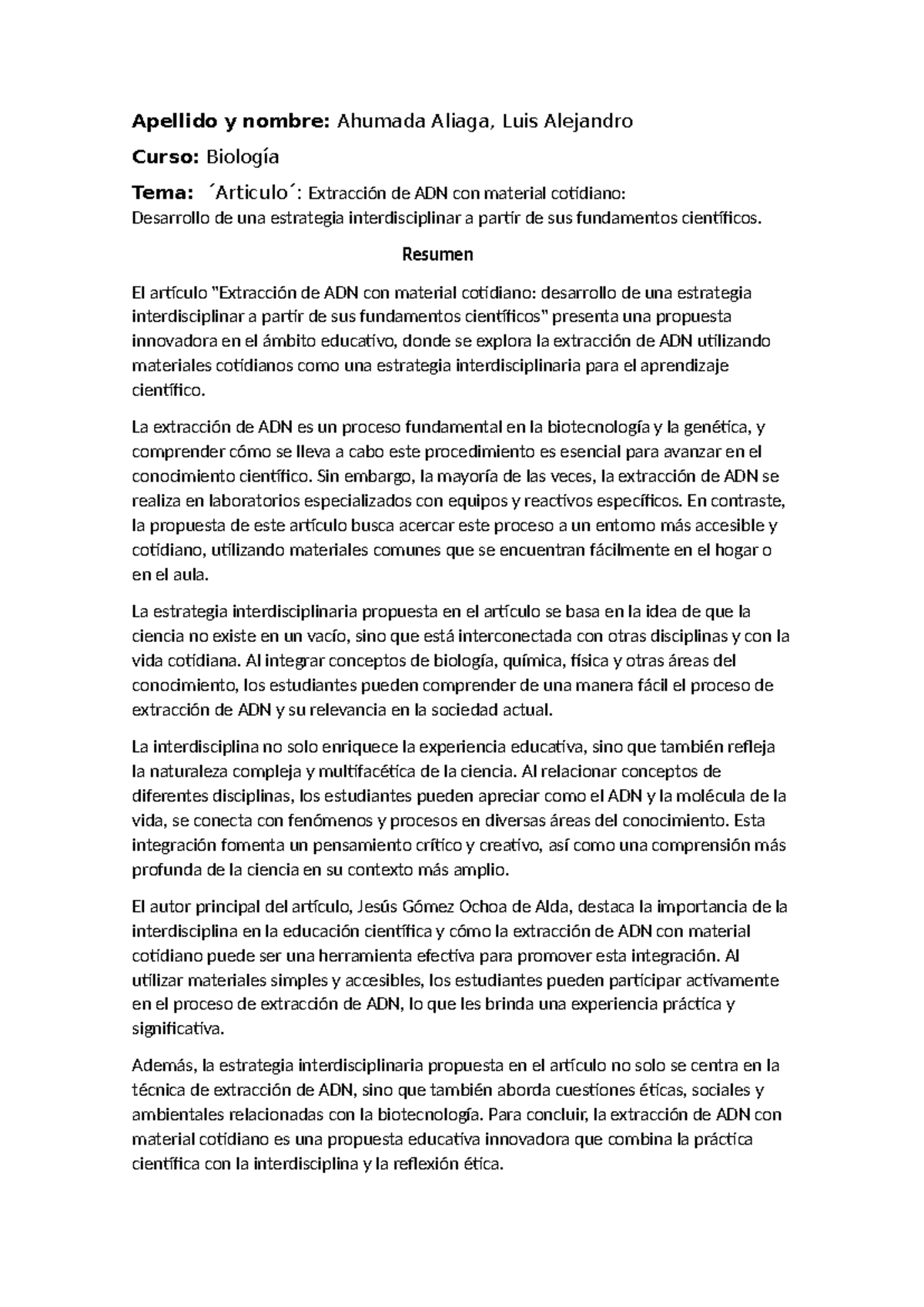 Articulo biologia - aaa - Apellido y nombre: Ahumada Aliaga, Luis ...