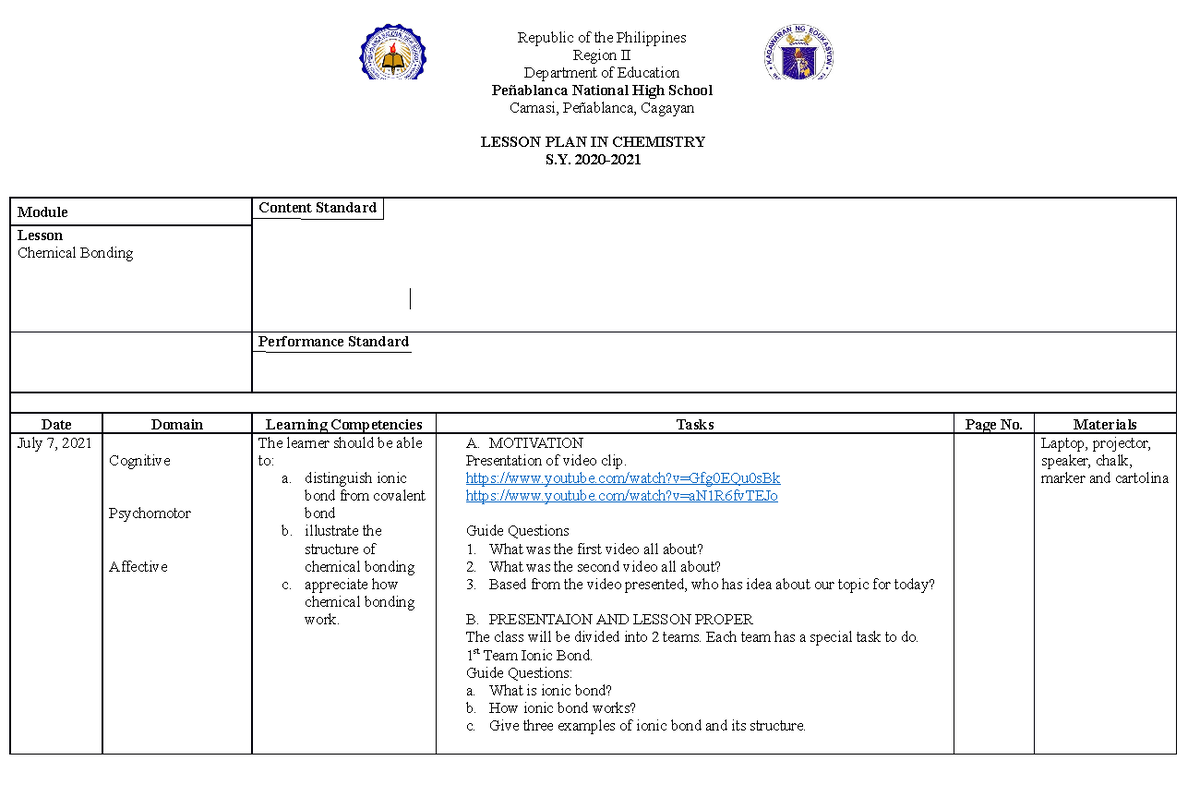 Lesson PLAN chem 2 - For lecture only - LESSON PLAN IN CHEMISTRY S ...